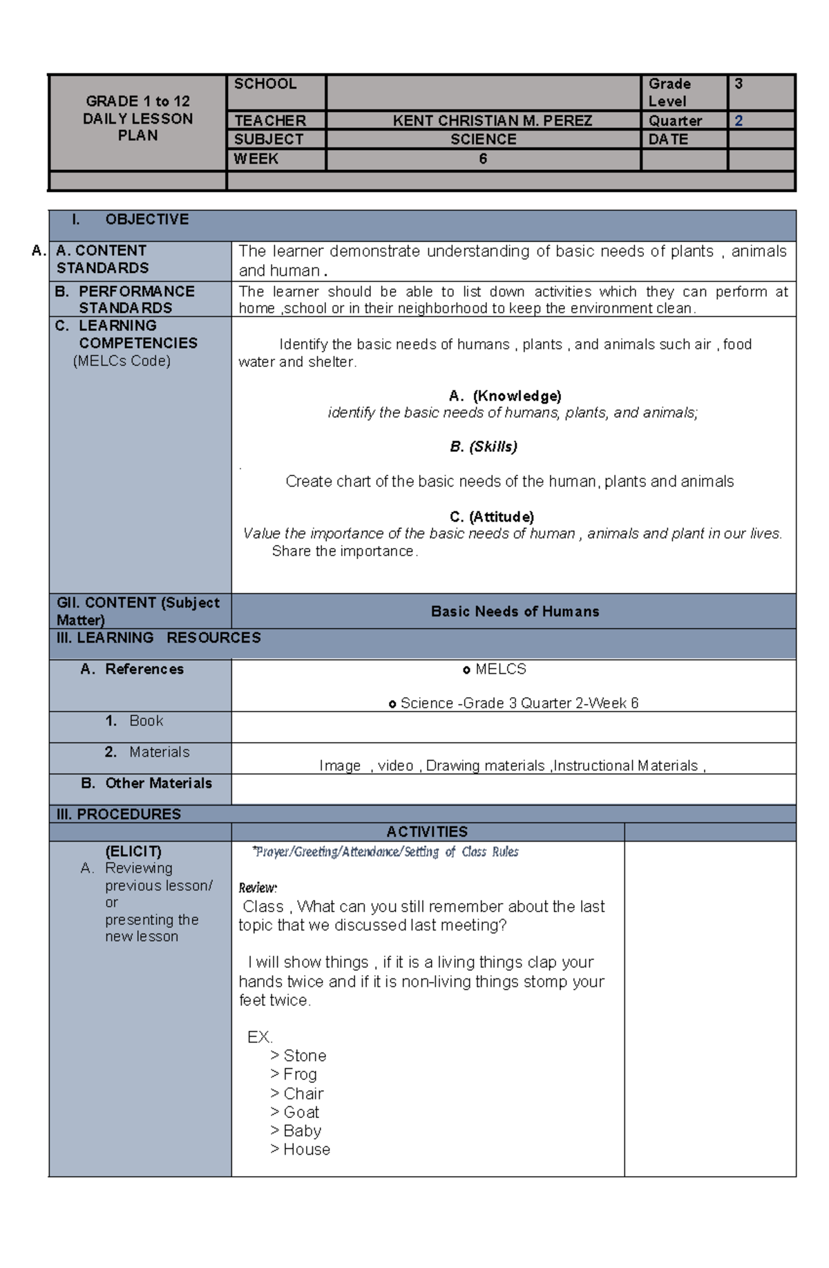 Science LPPerez - GRADE 1 to 12 DAILY LESSON PLAN SCHOOL Grade Level 3 ...