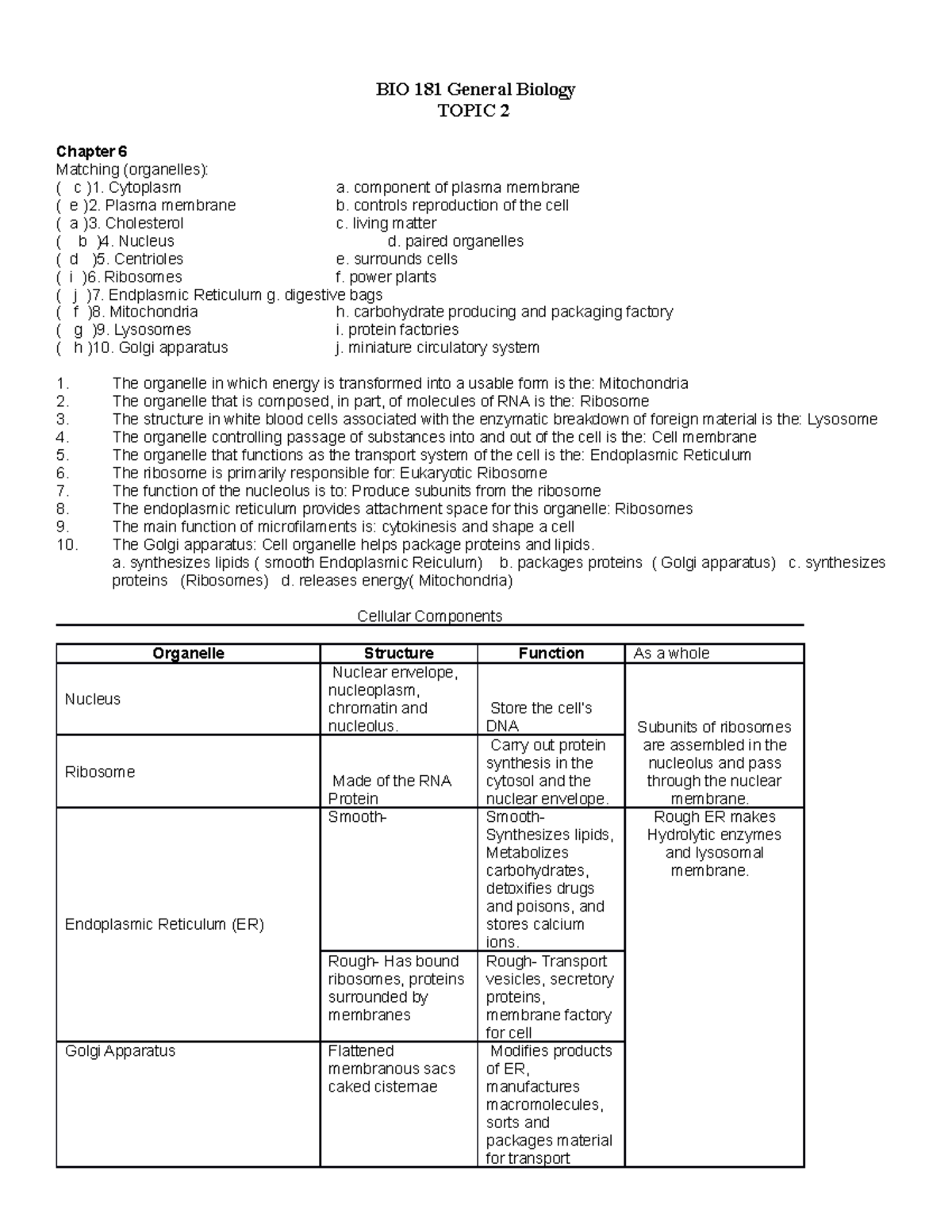 HW- CH 6 worksheet - BIO 181 General Biology TOPIC 2 Chapter 6 Matching ...