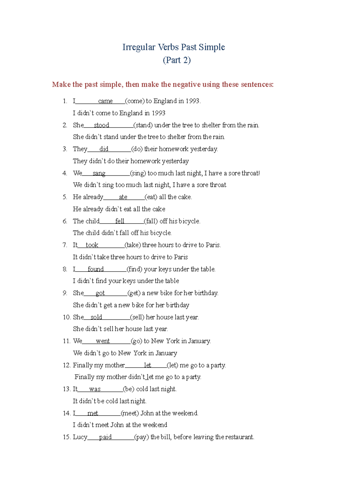 HW2 U3M2 - apuntes - Irregular Verbs Past Simple (Part 2) Make the past ...