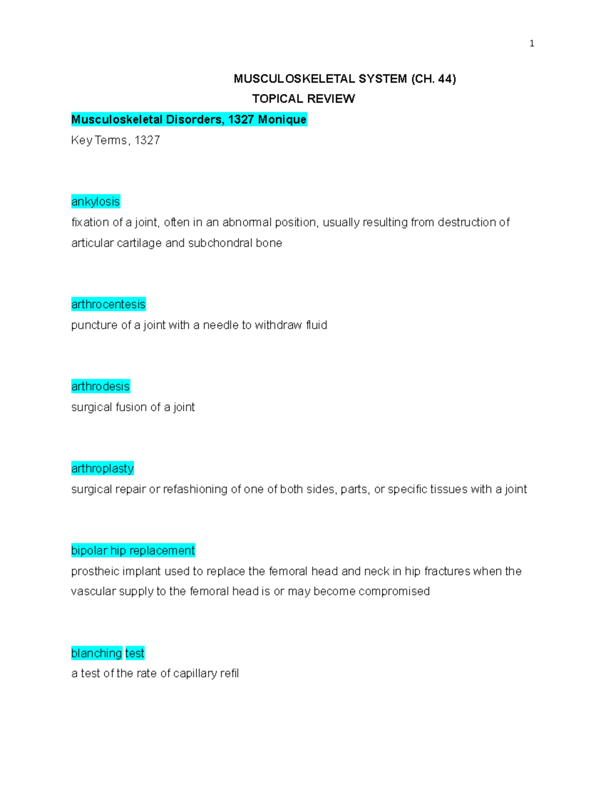 Final Musculiskeletal System (CH. 44) Topical Review Outline ...