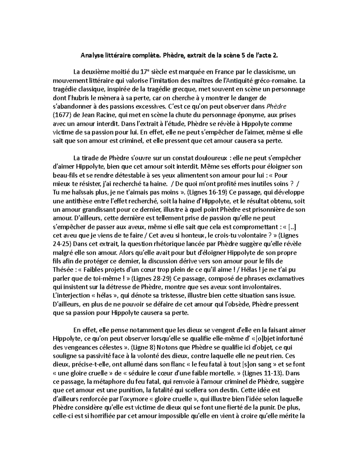 Analyse littéraire complète Phèdre - Analyse littéraire complète ...