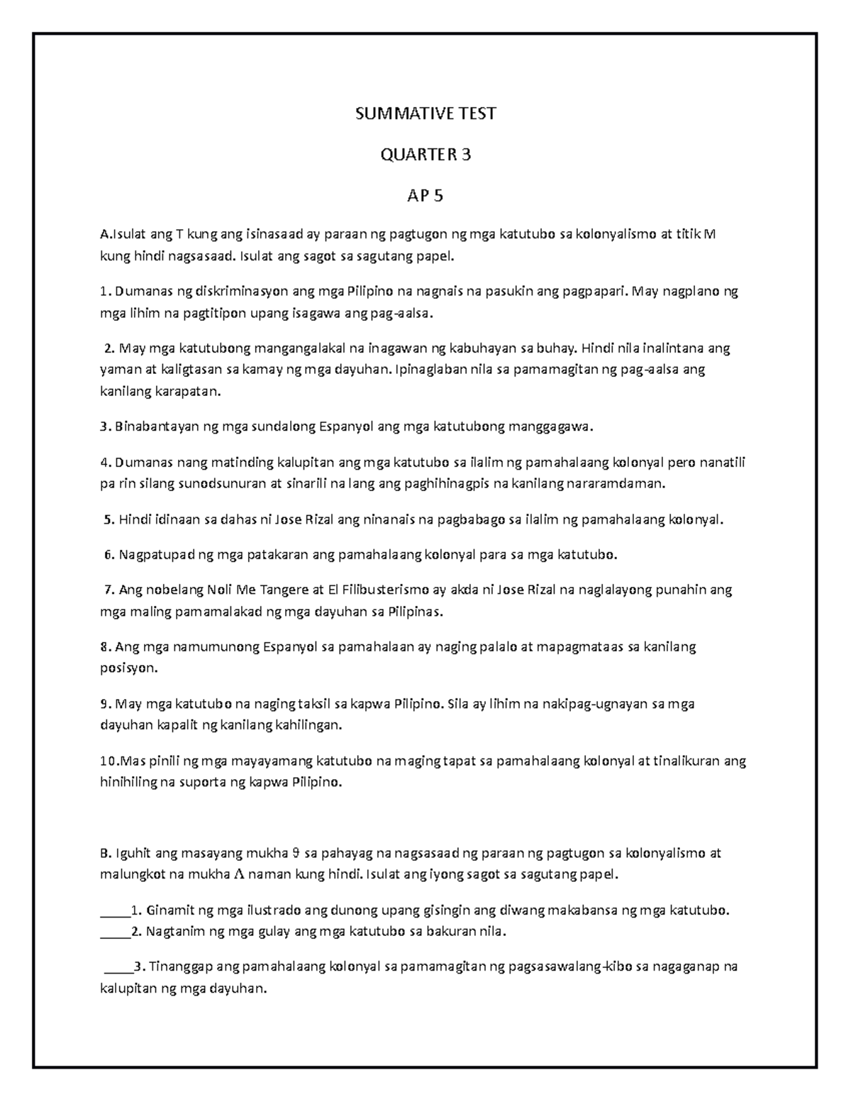 AP 5 ST 2 Q3 - Summative Test - SUMMATIVE TEST QUARTER 3 AP 5 A ang T ...