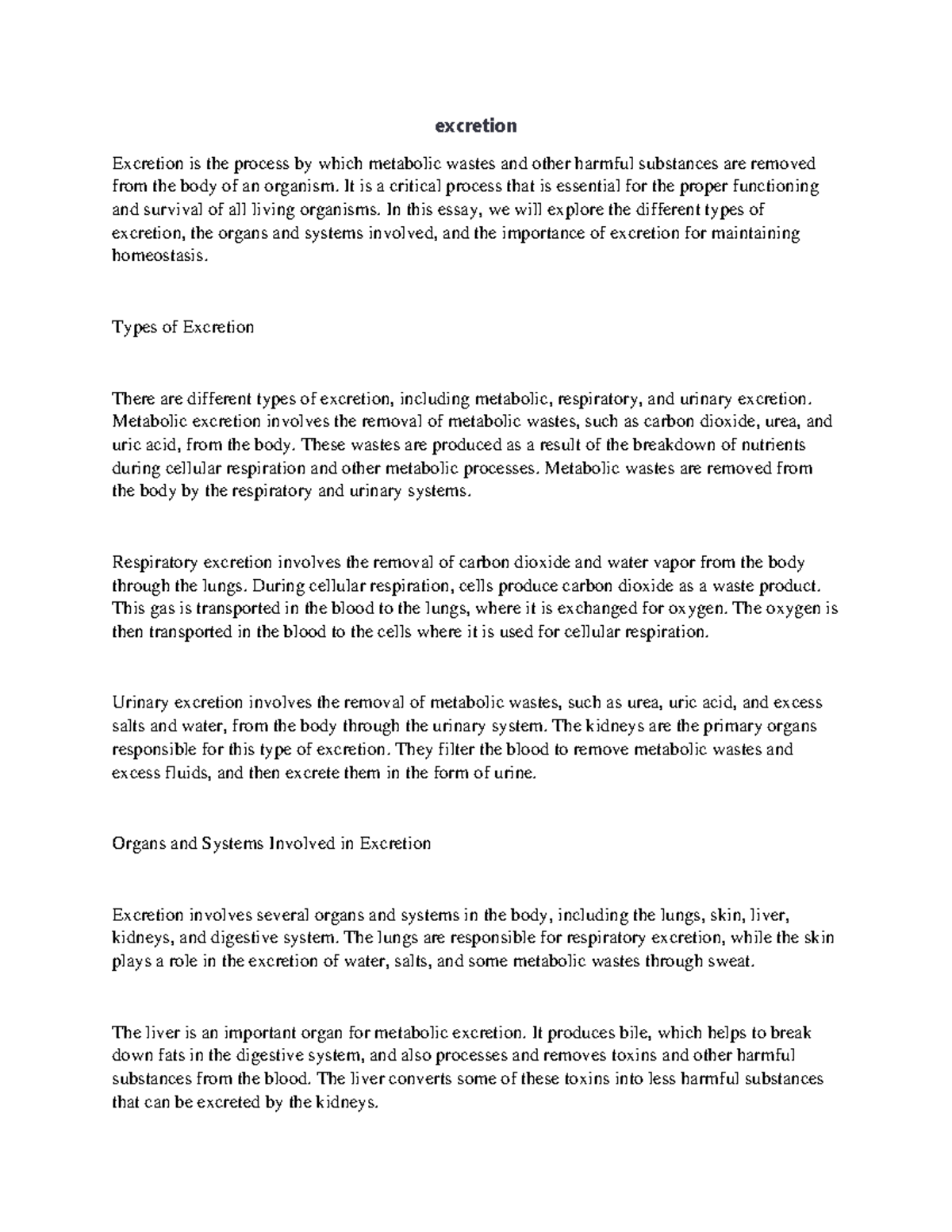 BIOL 201 - excretion - Lecture Notes - excretion Excretion is the ...