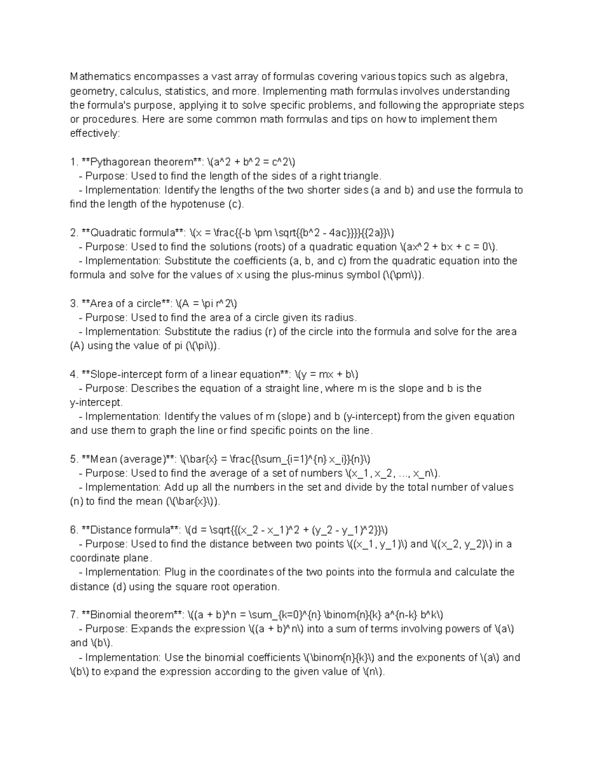 Math Formulas Math Formulas - Mathematics encompasses a vast array of ...