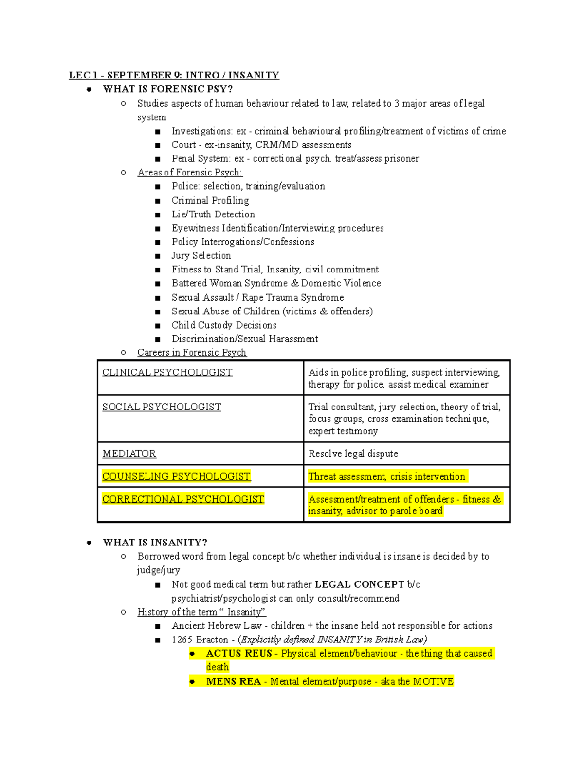 PSY344 Forensic Psych Notes - LEC 1 - SEPTEMBER 9: INTRO / INSANITY ...