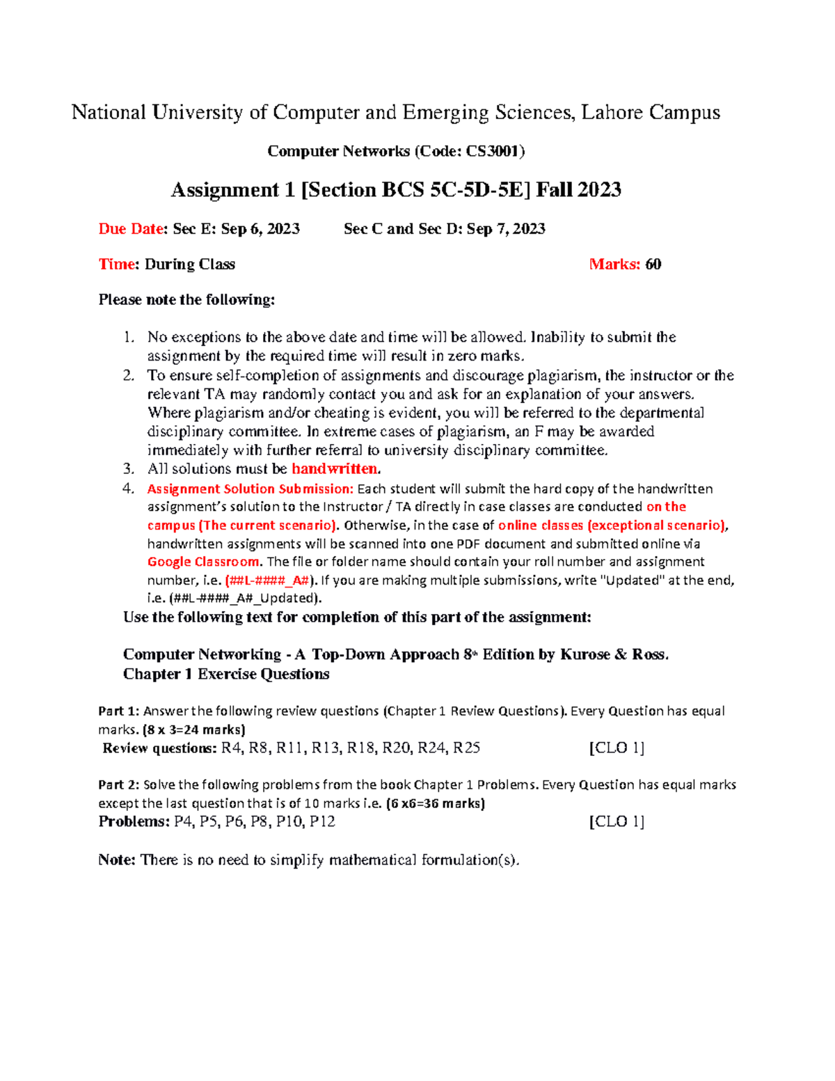 Assignment 1-Computer Networks-Fall 2022-BSCS-Sec C- Sec D and D E - National University of ...