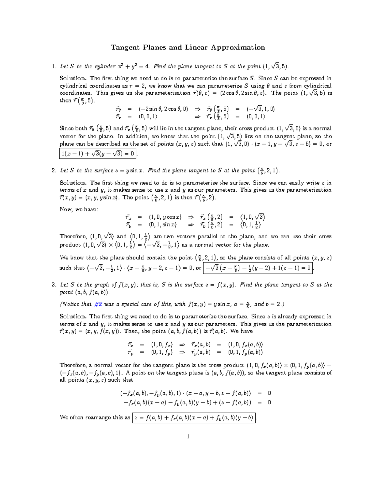 Practice Problems - Tangent Planes And Linear Approximation Let S Be