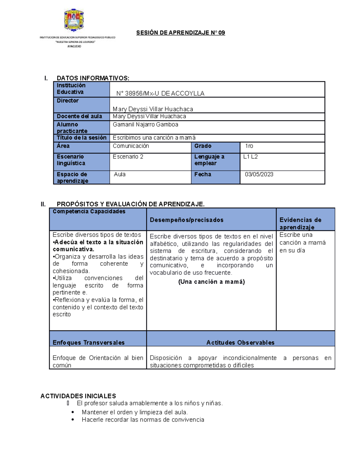 Sesion N.3-Comunicacion- Gamanil - SESIÓN DE APRENDIZAJE Nº 09 I. DATOS ...