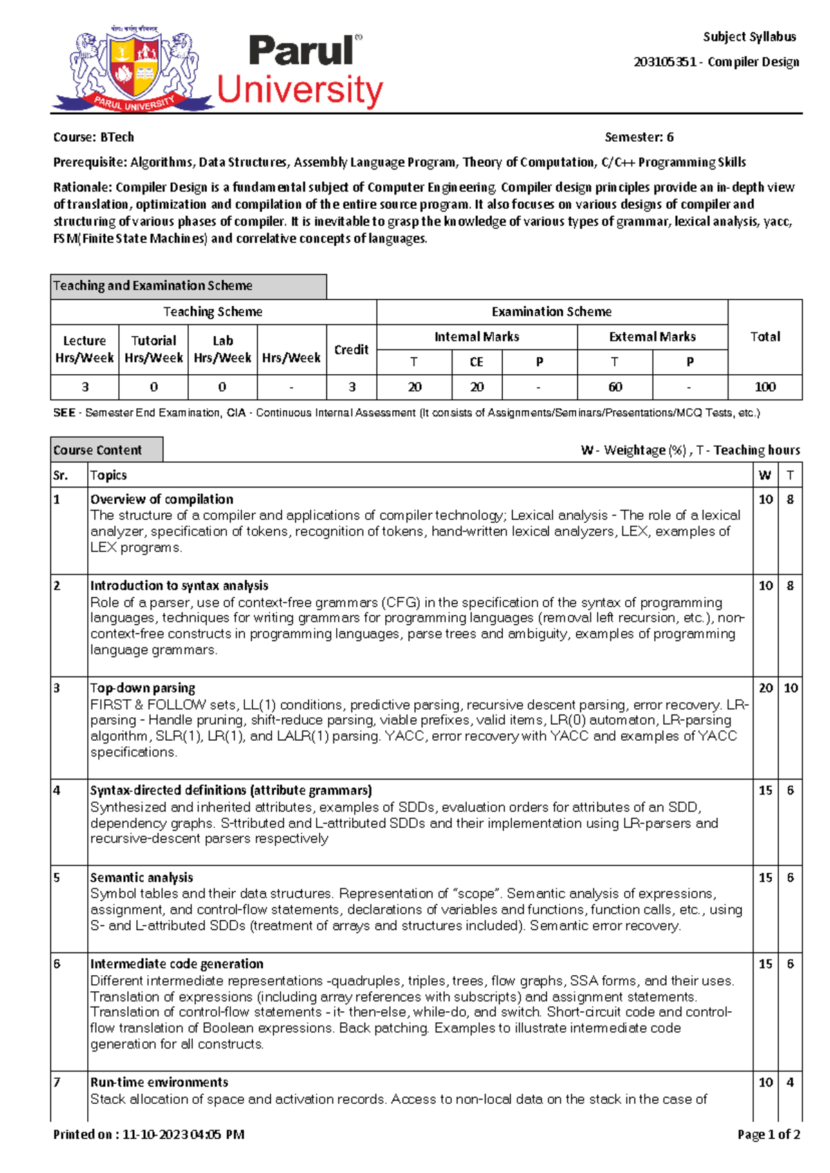CD syllabus - Prerequisite: Algorithms, Data Structures, Assembly Language Program, Theory - Studocu