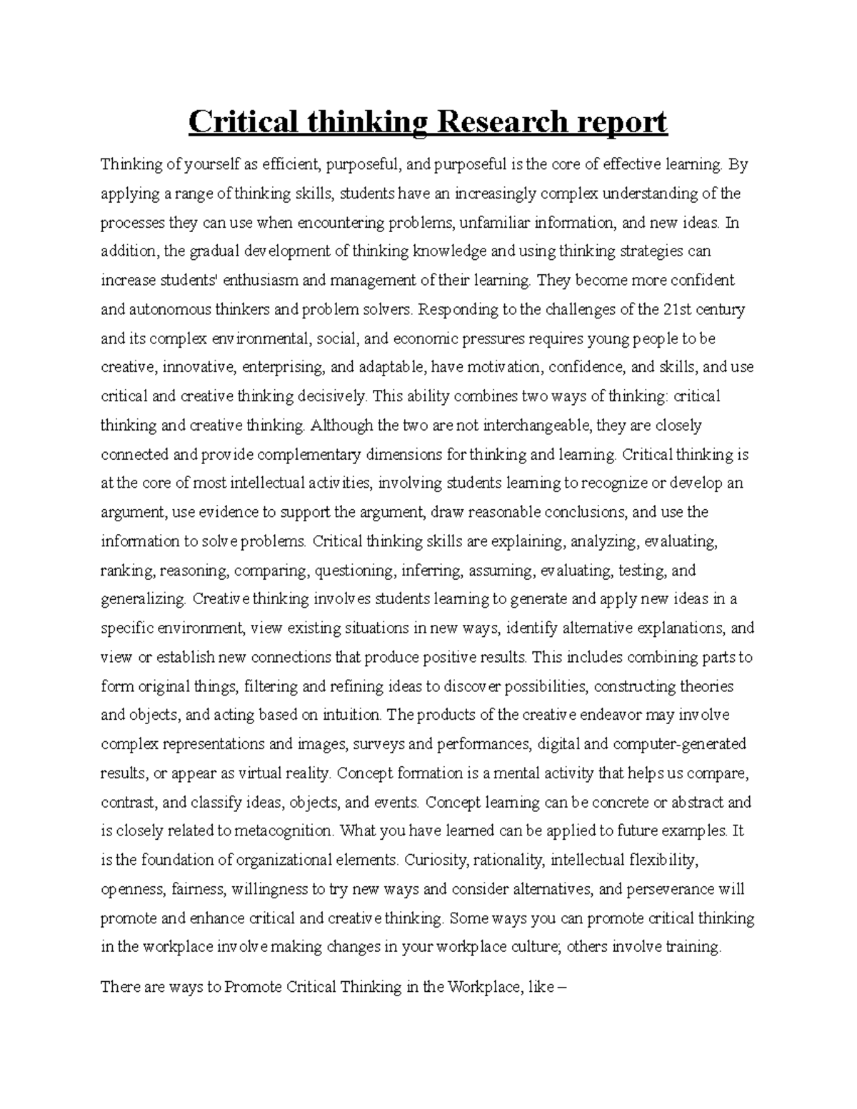 Critical thinking Research report - Critical thinking Research report ...