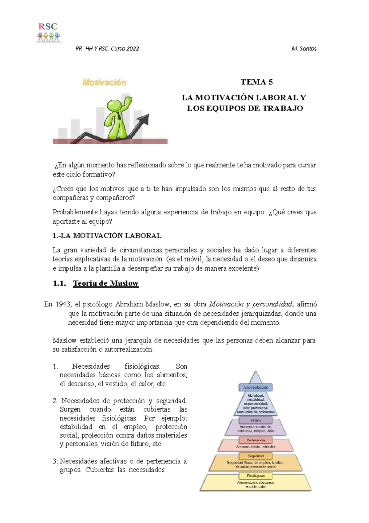 TEMA 5 LA Motivación Laboral Y LOS Equipos DE Trabajo - RR. HH Y RSC. Curso 2022- M. Santos TEMA ...