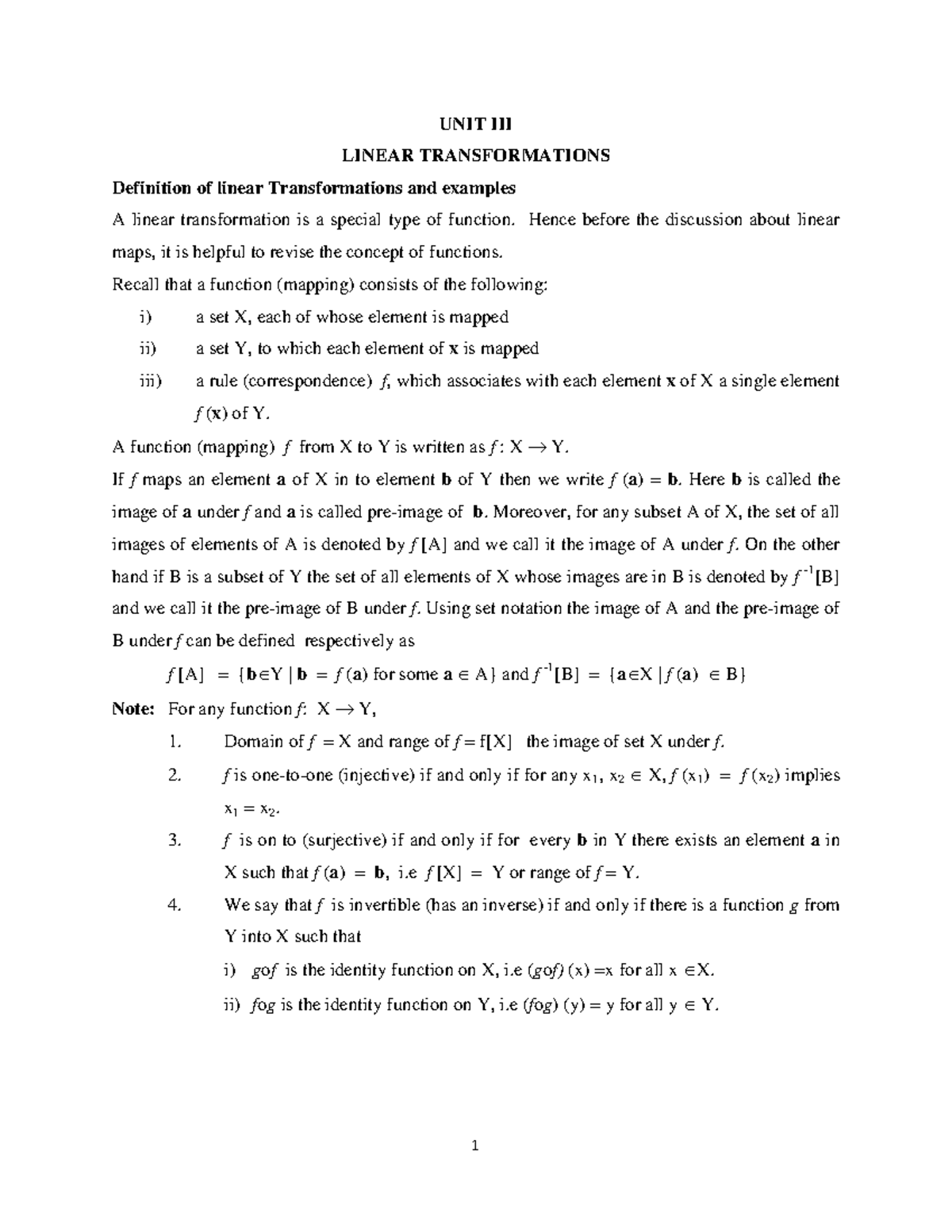 Linear Algrbra UNIT III - UNIT III LINEAR TRANSFORMATIONS Definition of linear Transformations ...