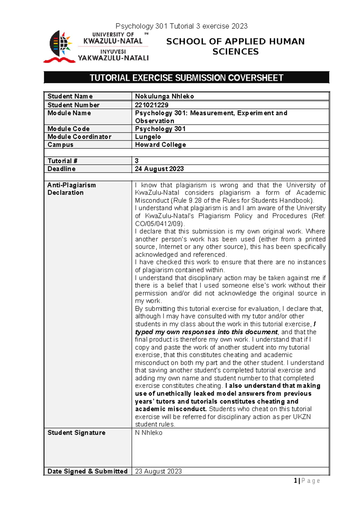 Psych 301 22 Tut 3 exercise - SCHOOL OF APPLIED HUMAN SCIENCES TUTORIAL EXERCISE SUBMISSION ...