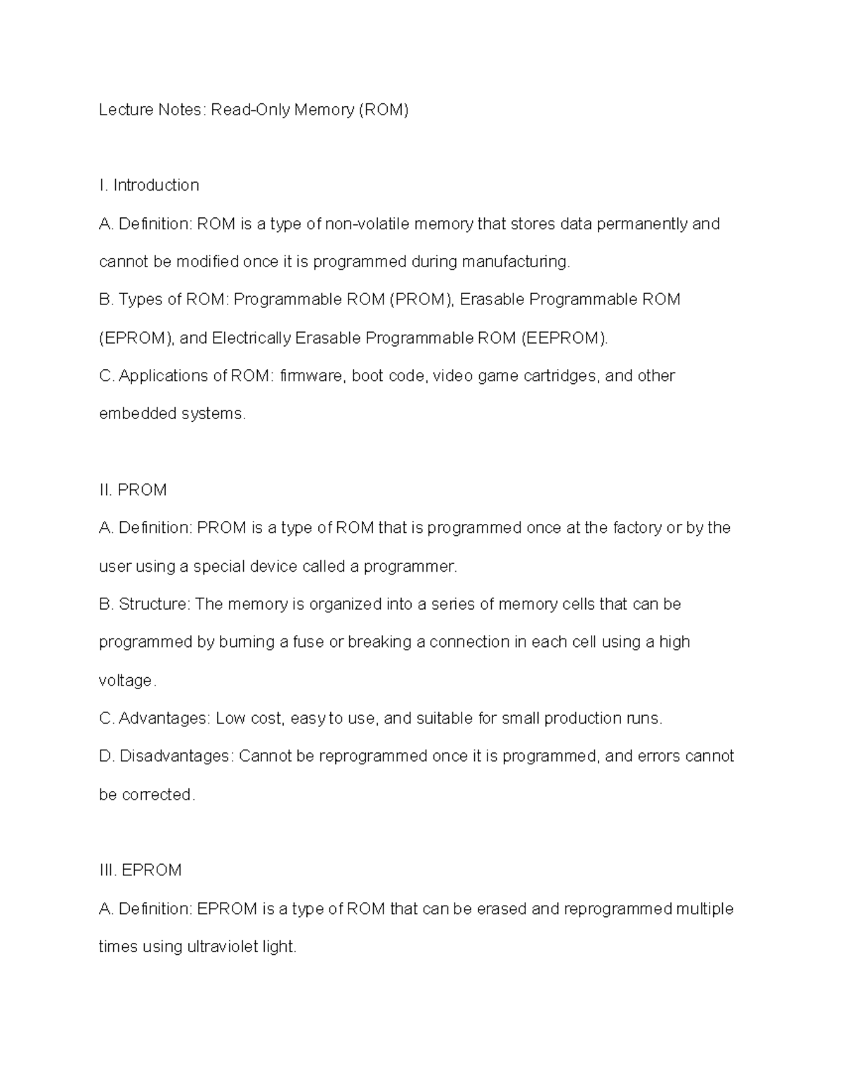 Lecture Notes Read-Only Memory (ROM) - Introduction A. Definition: ROM ...