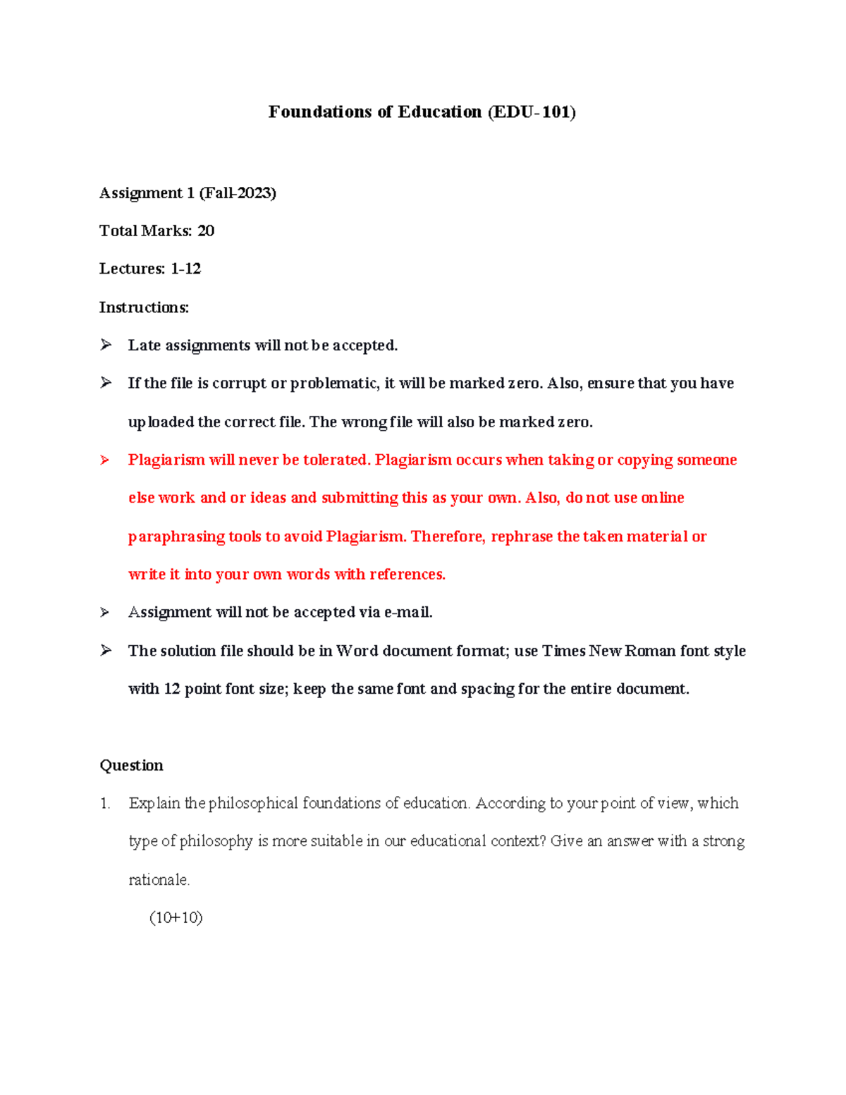 Fall 2023 EDU101 1 - good for help - Foundations of Education (EDU-101) Assignment 1 (Fall-2023 ...