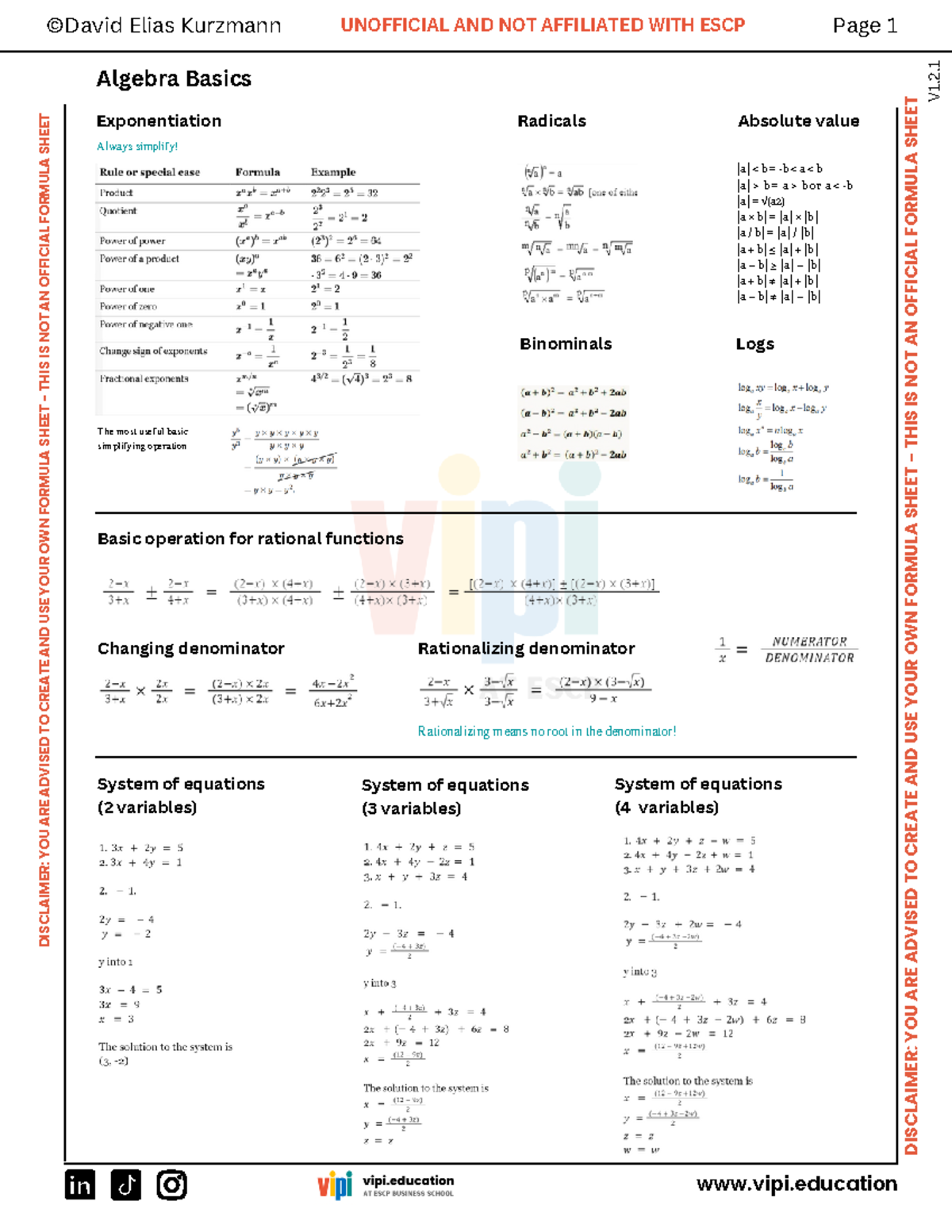 Formula sheet - David Elias Kurzmann - vipi.education - NO Guarantee ...