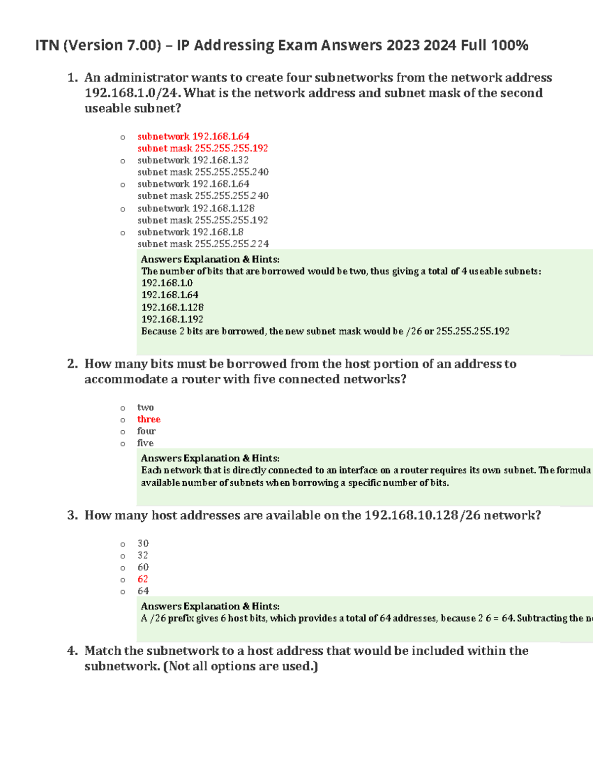 ITN v7.02 – Modules 11 – 13 IP Addressing Exam Answers 2023 2024 - ITN (Version 7) – IP ...