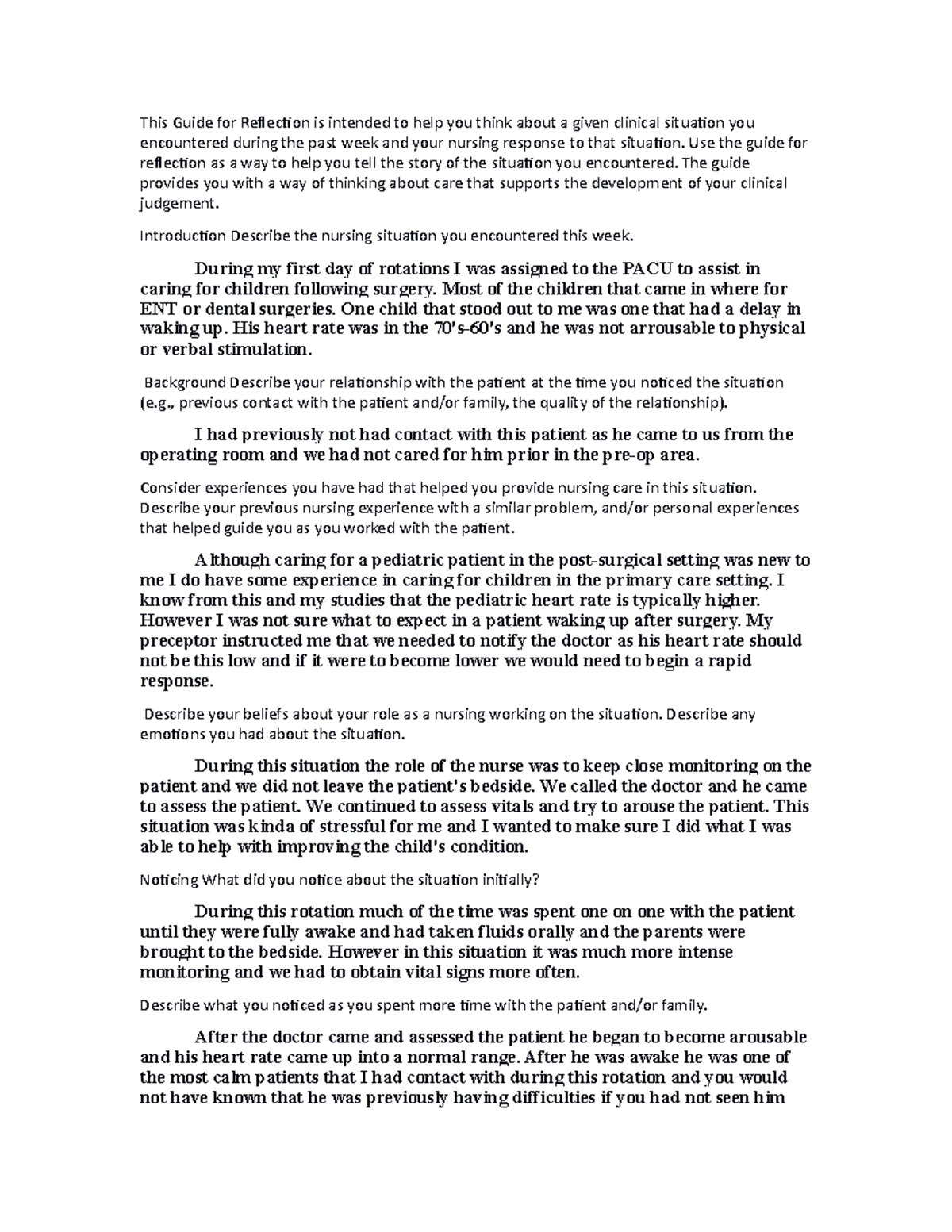 Reflection for clinical peds - This Guide for Reflection is intended to ...