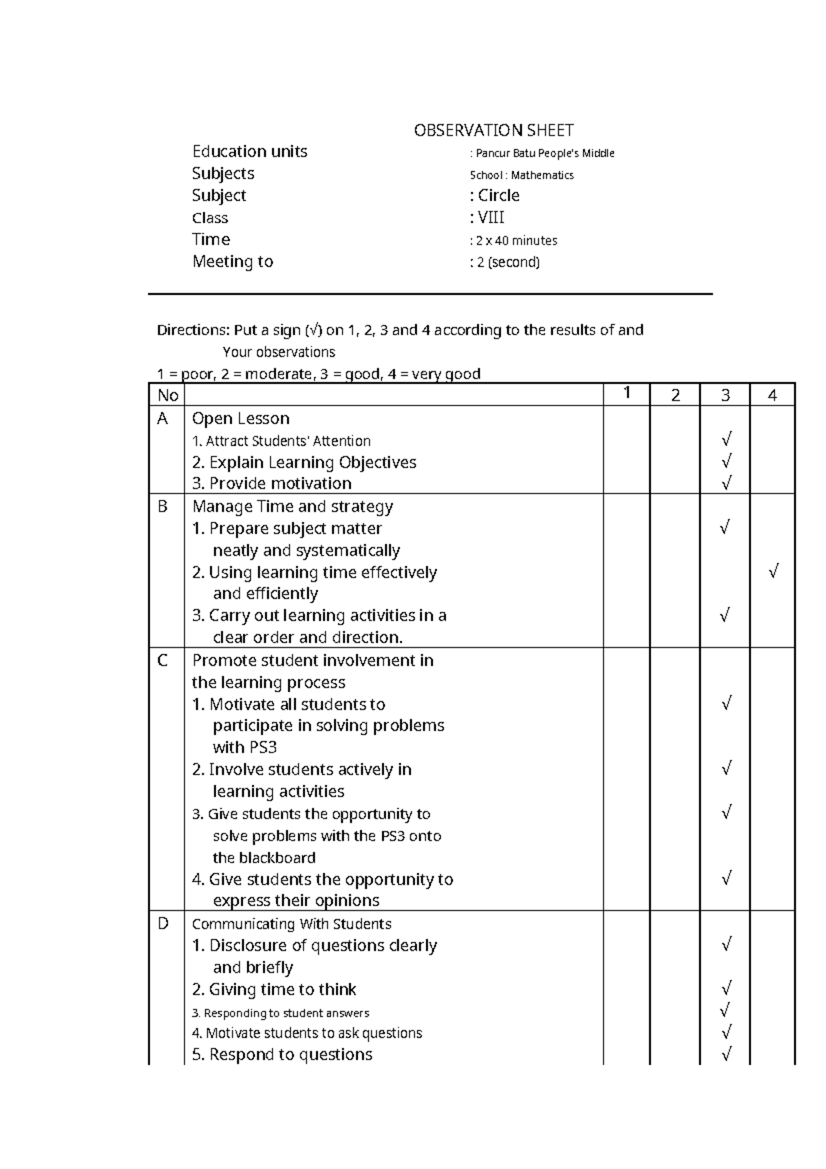 Math Notes-21 - Math Notes-21 - OBSERVATION SHEET : Pancur Batu People ...