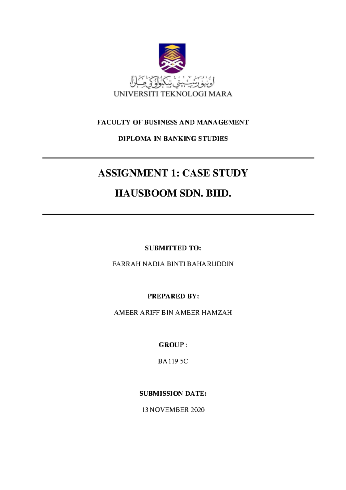 Assignment 1 Case Study (Hausboom) - principal of managerial - UiTM ...