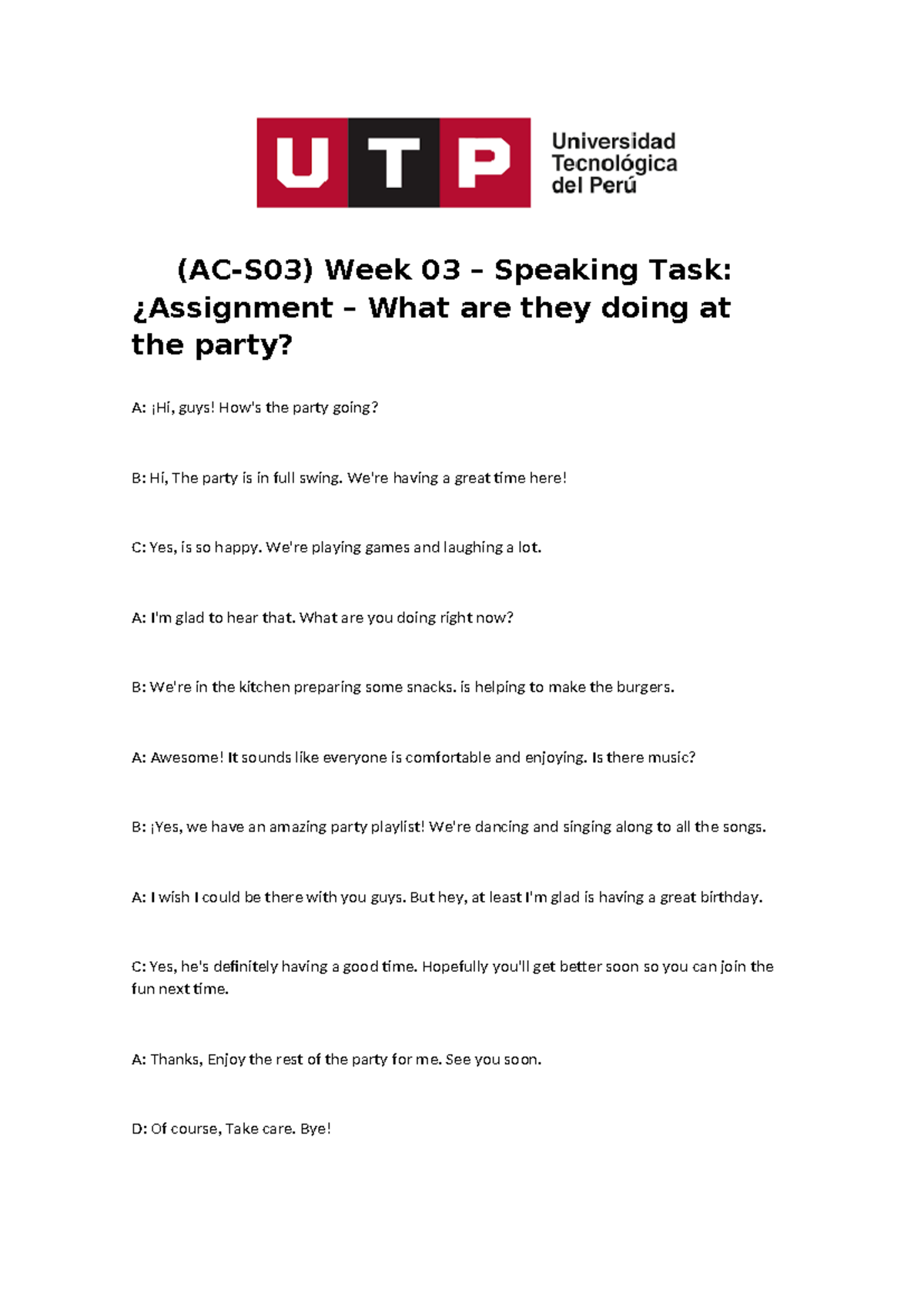 Week 03 What are they doing at the party - 🔴 (AC-S03) Week 03 – Speaking Task: ¿Assignment ...