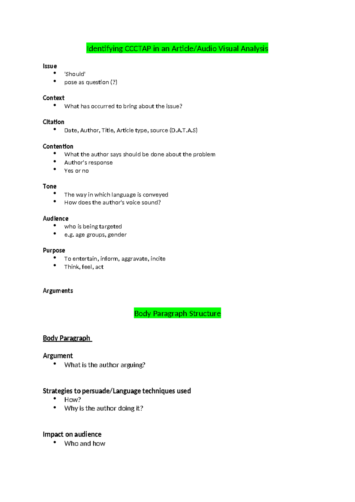 Analysis of argument notes - Identifying CCCTAP in an Article/Audio ...