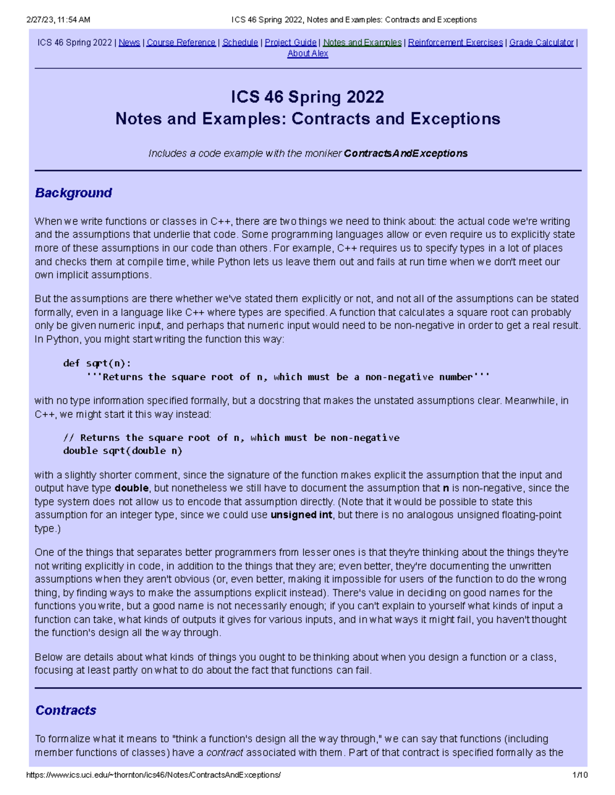 ICS 46 Spring 2022, Notes and Examples Contracts and Exceptions - ICS ...