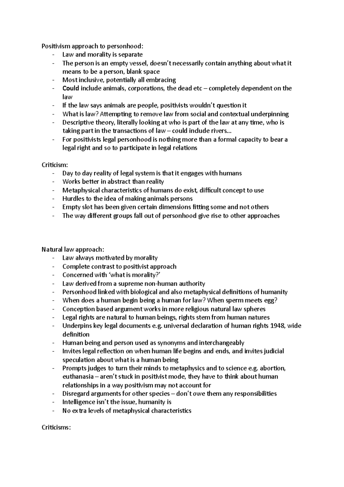 Who are persons notes - Positivism approach to personhood: - Law and ...