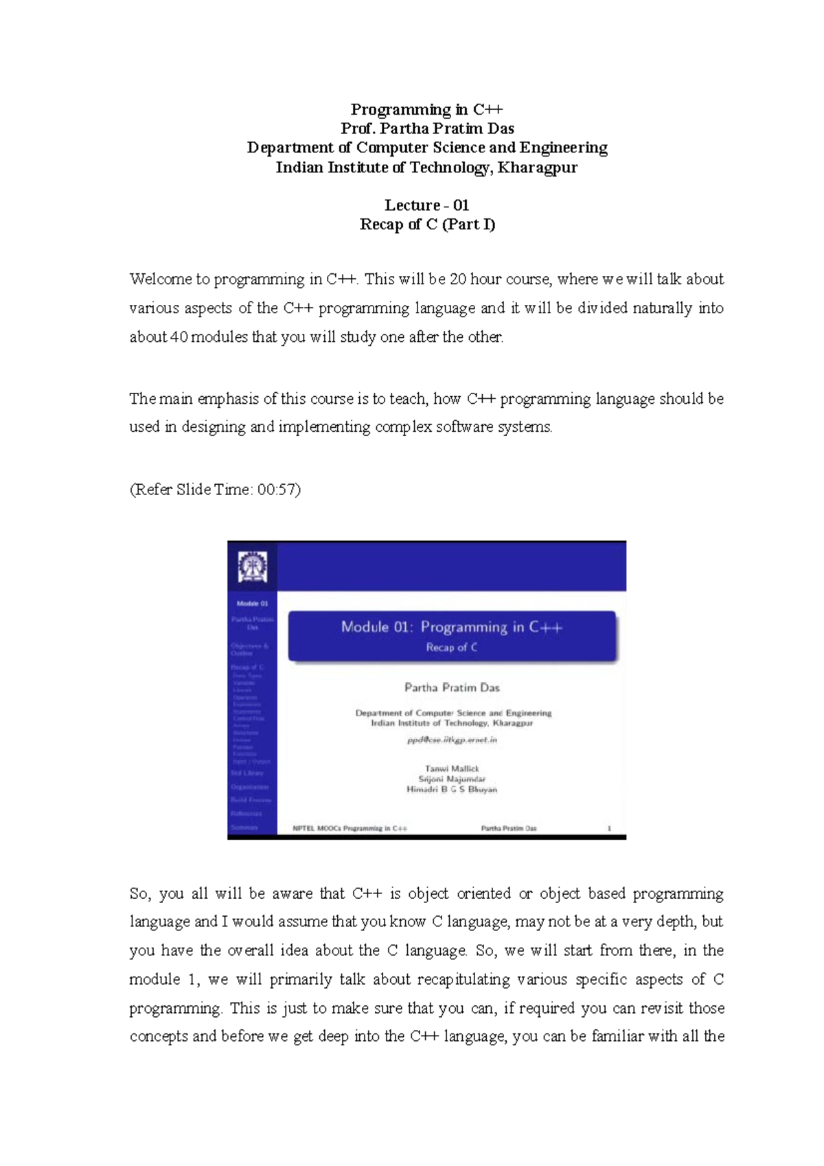 Lec 01 Module 01 Recap Of C Lecture 01 Programming In C Prof Partha Pratim Das Department