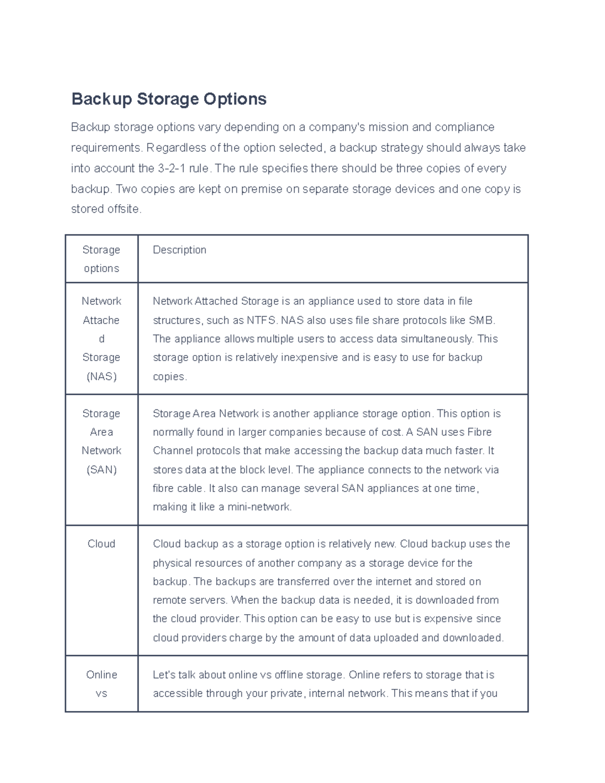 12.8.4 Backup Types and Storage Facts - Backup Storage Options Backup ...