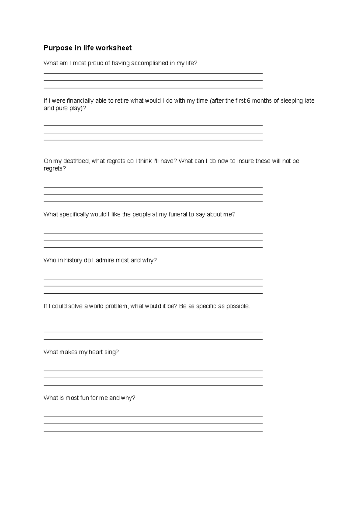 Purpose in life worksheet - Problem solving - Studocu