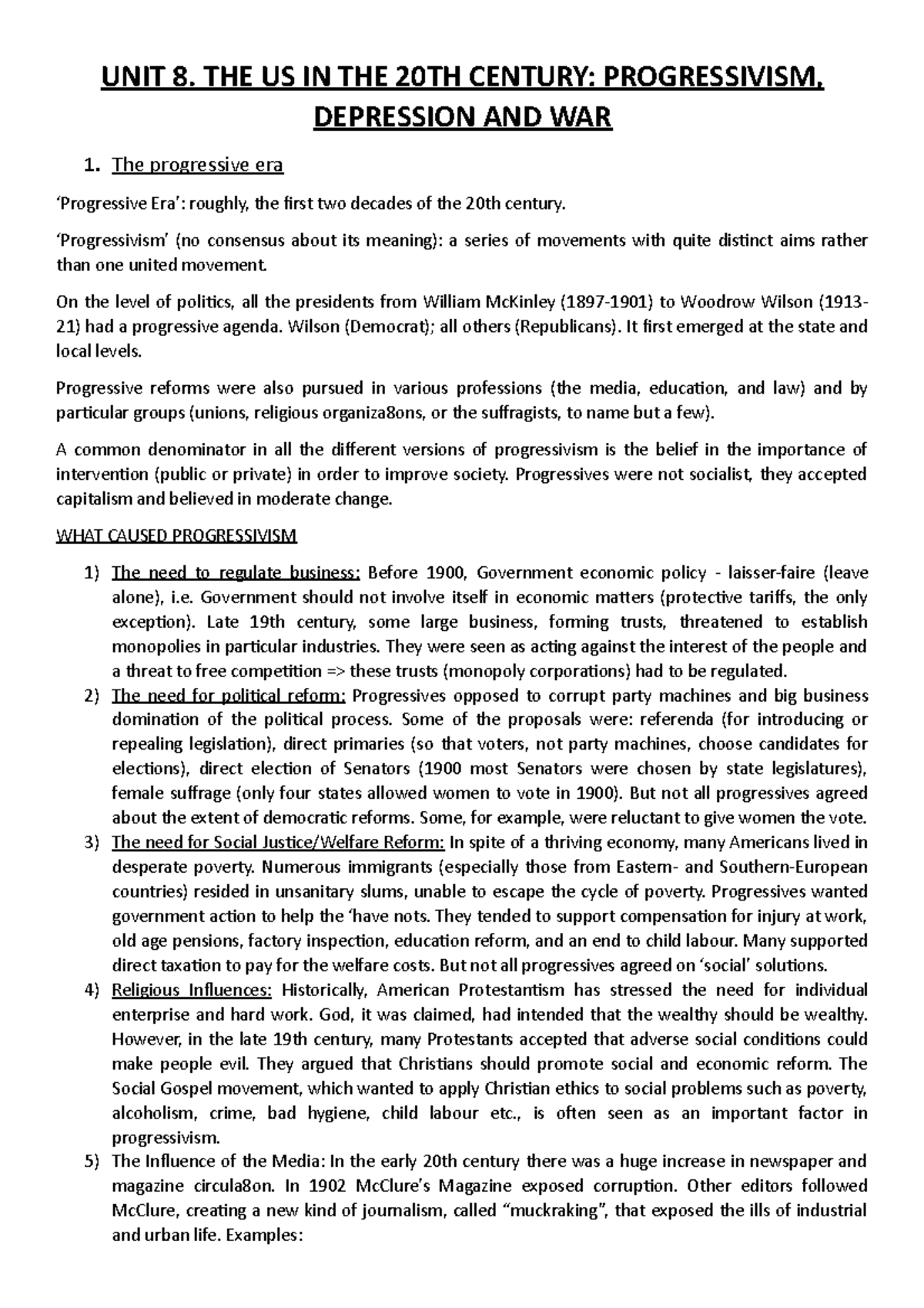 UNIT 8 HYC EEUU - UNIT 8. THE US IN THE 20TH CENTURY: PROGRESSIVISM ...