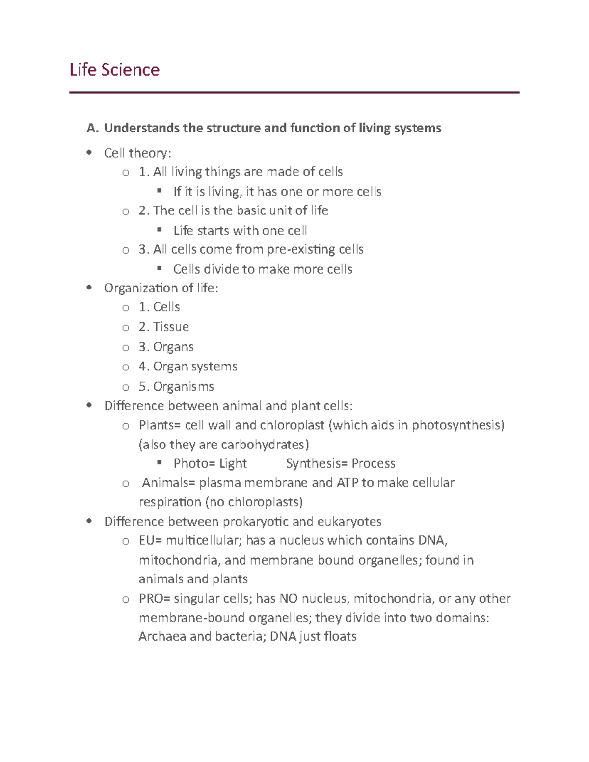 Science notes 2 - Test prep materials - Life Science A. Understands the ...