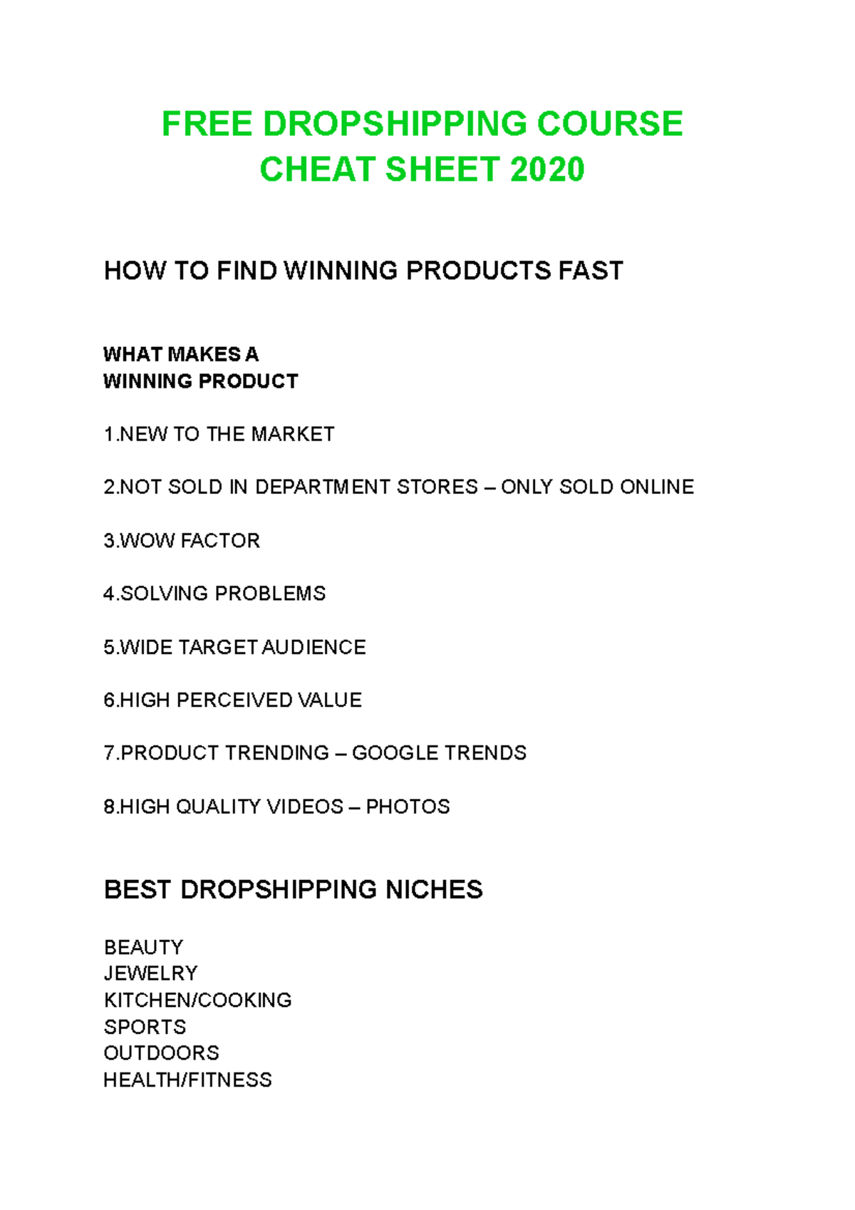 FREE Dropshipping Course Cheat Sheet - FREE DROPSHIPPING COURSE CHEAT ...