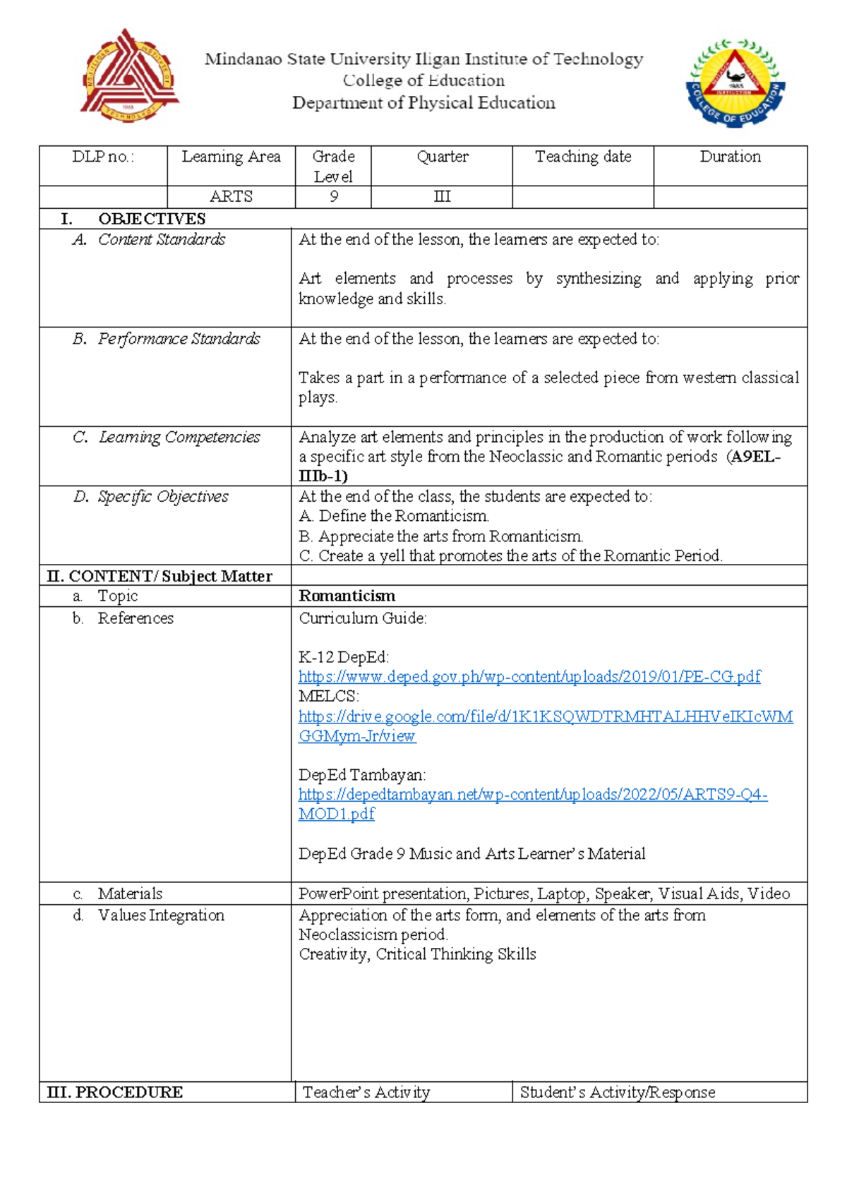 ARTS DLP 2 - Lesson Plan - DLP no.: Learning Area Grade Level Quarter ...