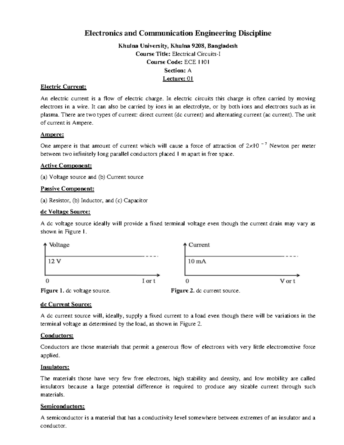 Lecture 1 - Electronics and Communication Engineering Discipline Khulna University, Khulna 9208 ...