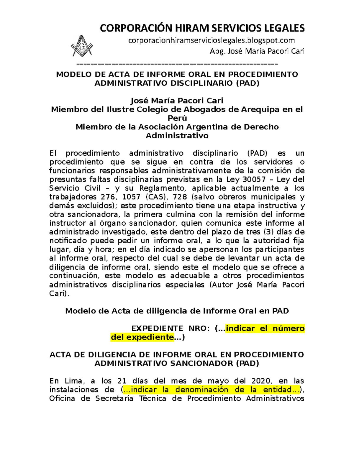 Modelo Acta De Diligencia De Informe Oral En Pad By