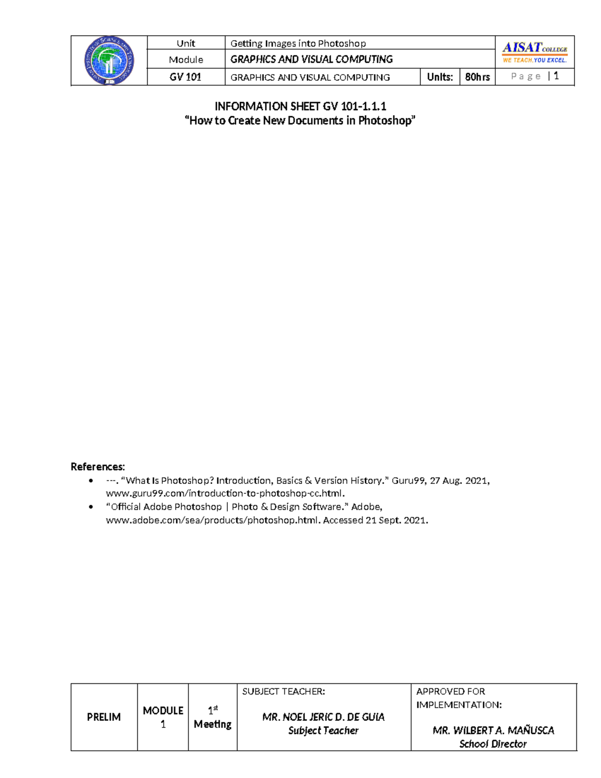 NDD-Module 1-GV 101 - How to Create New Documents in Photoshop - Module GRAPHICS AND VISUAL ...