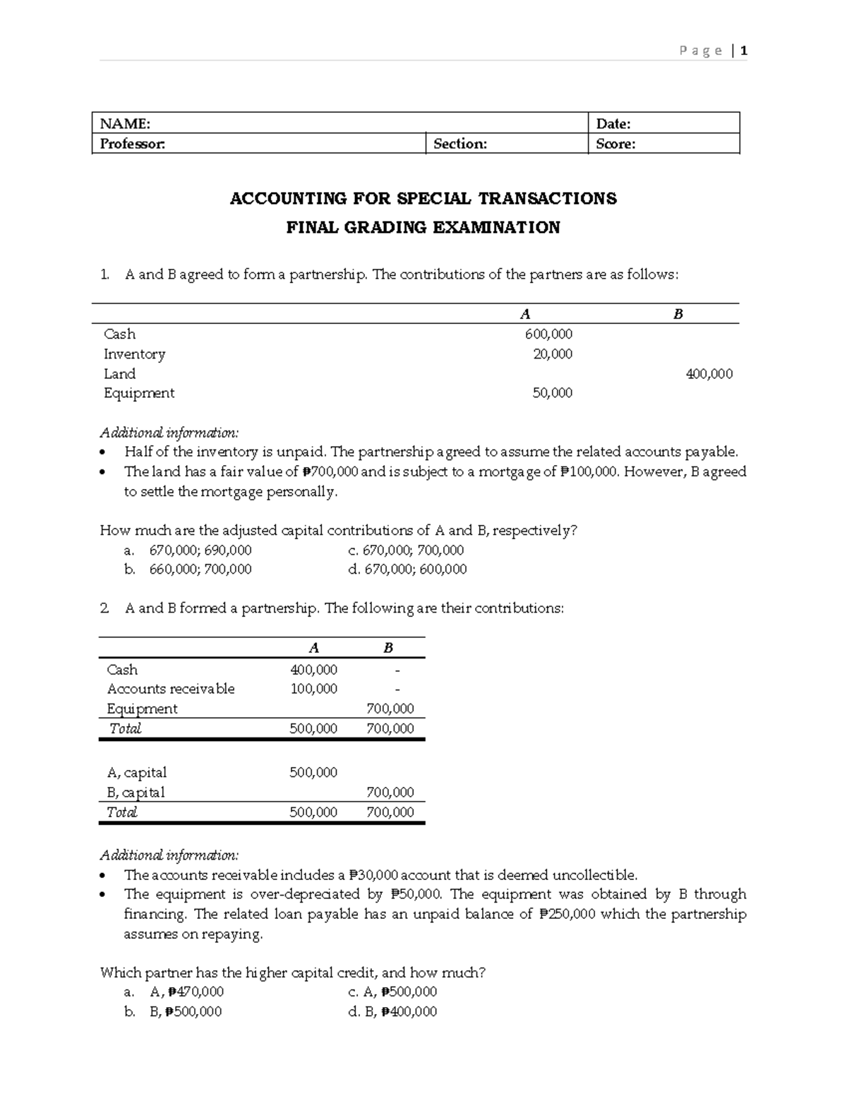 Pdfcoffee - Materials for accounting for special transactions Credits to the owners - NAME: Date ...