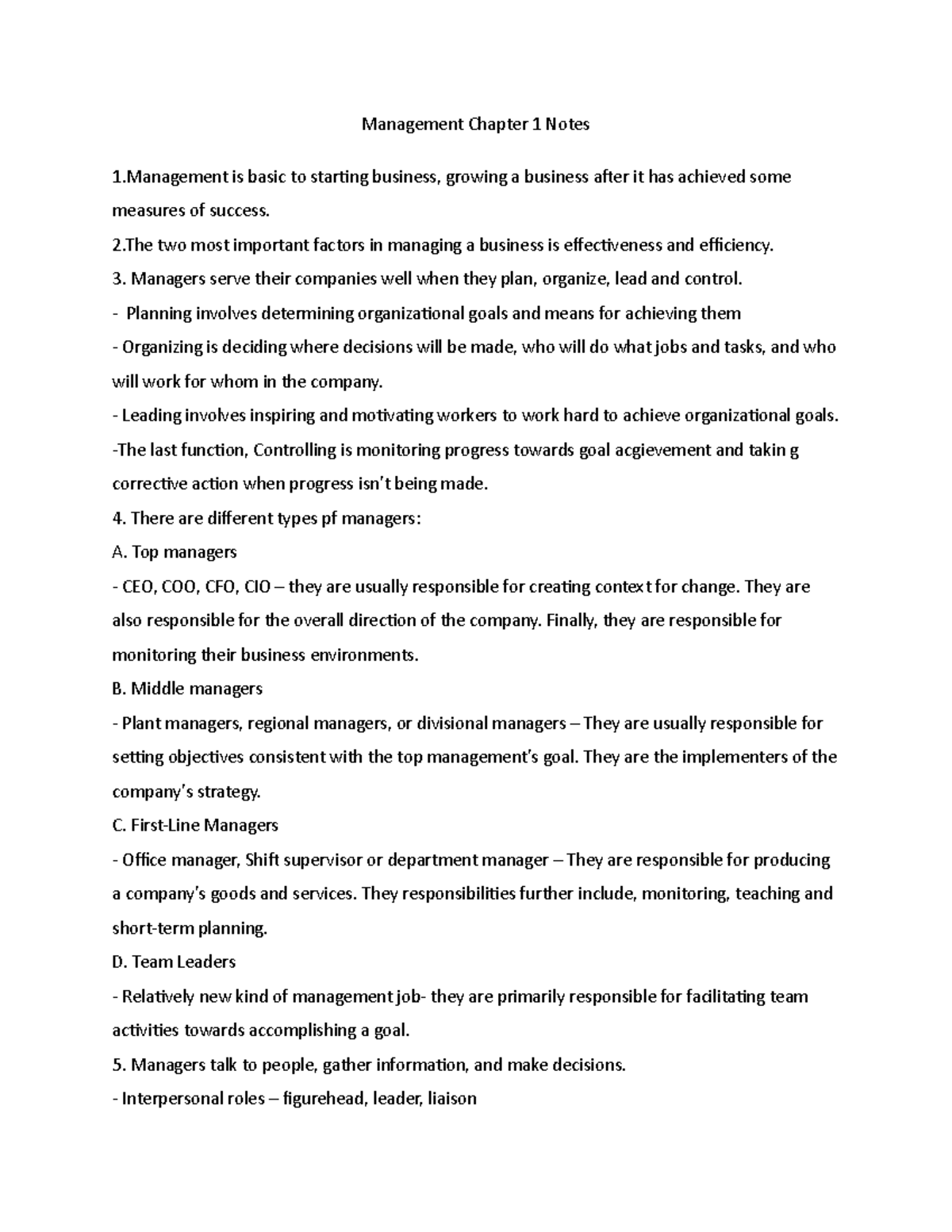 Management Chapter 1 Notes - Management Chapter 1 Notes 1 is basic to ...