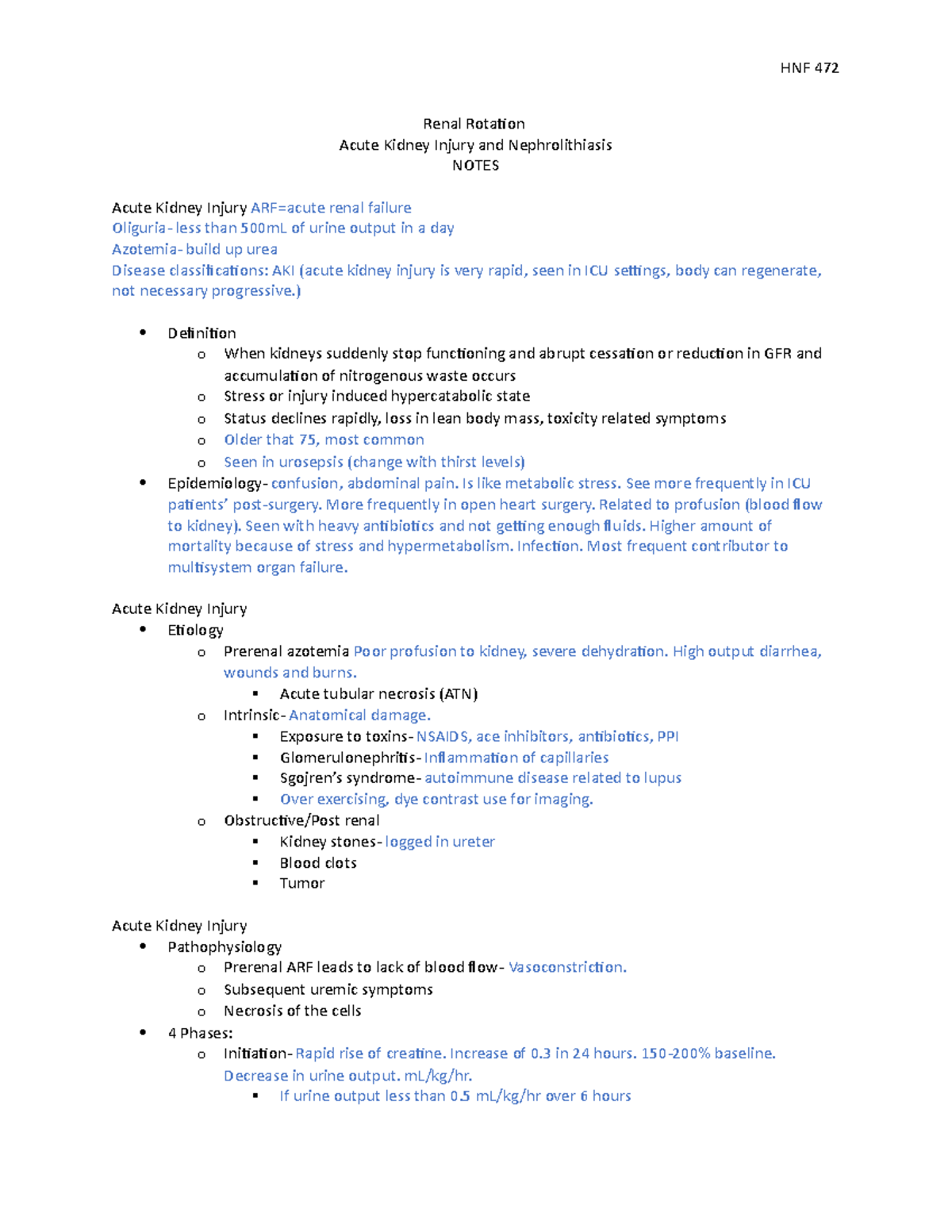 Renal Rotation Notes AKI and Stones - Renal Rotation Acute Kidney ...