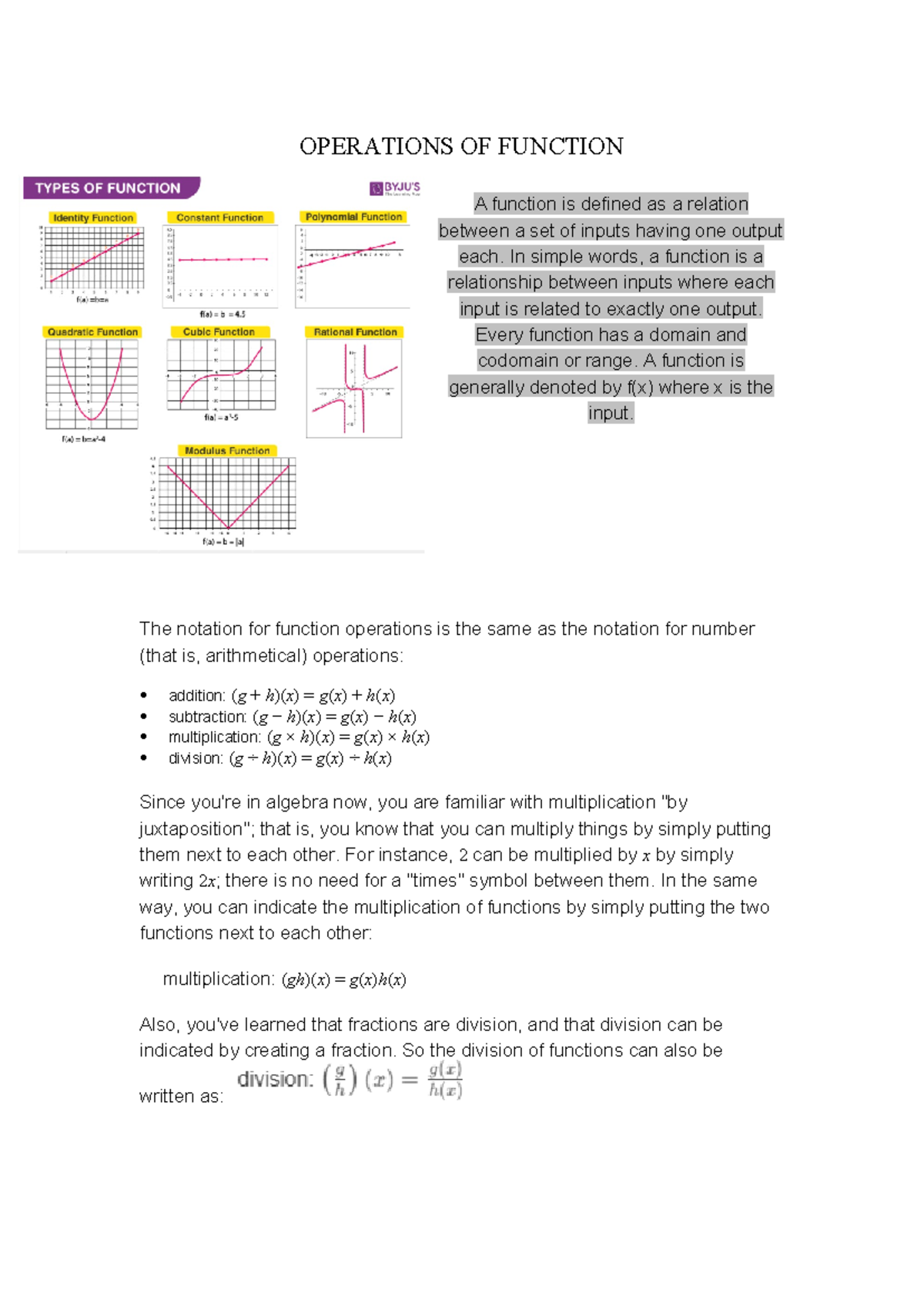 Operations OF Function - OPERATIONS OF FUNCTION A function is defined ...