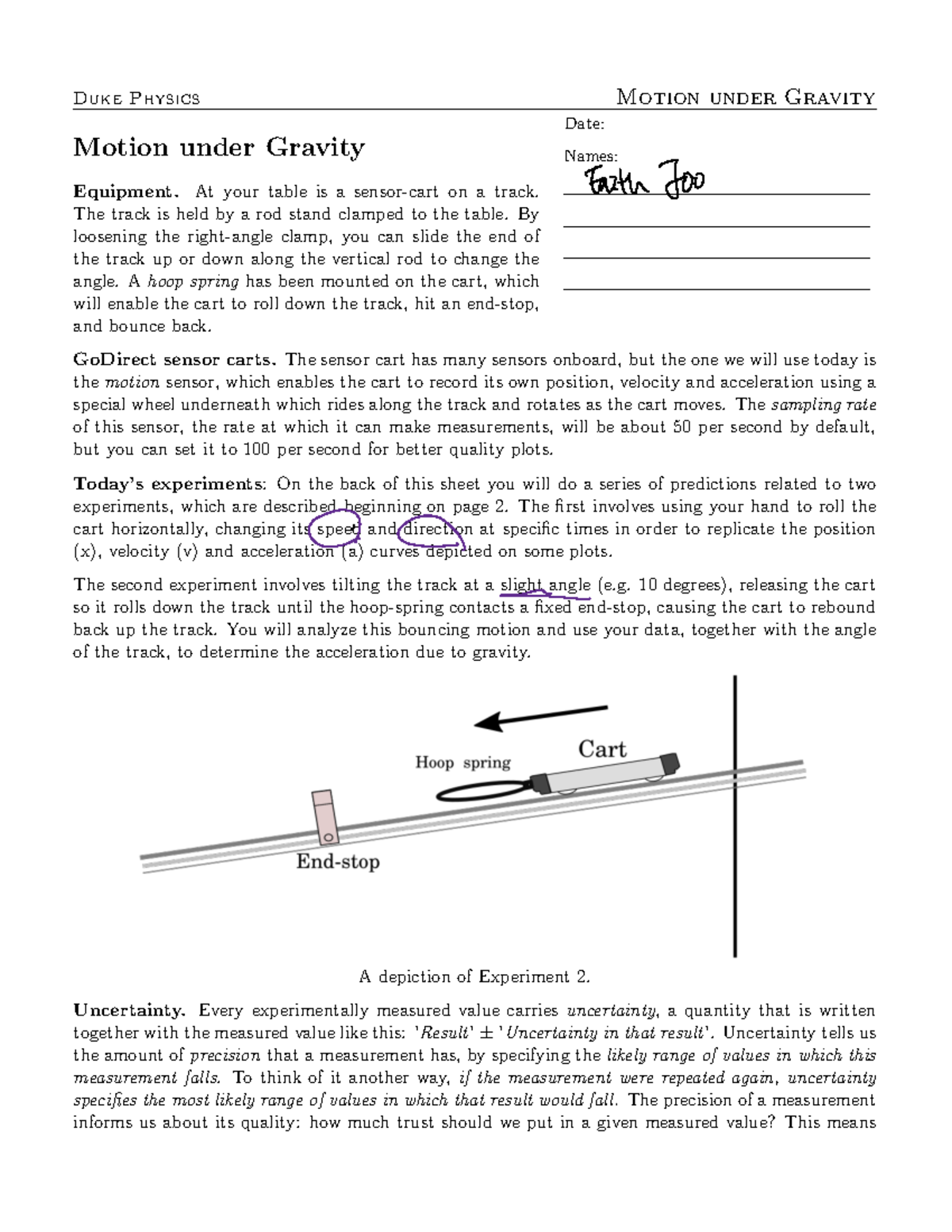 Lab1 Motion Gravity v2022 Tracks godirect modernized - Duke Physics ...