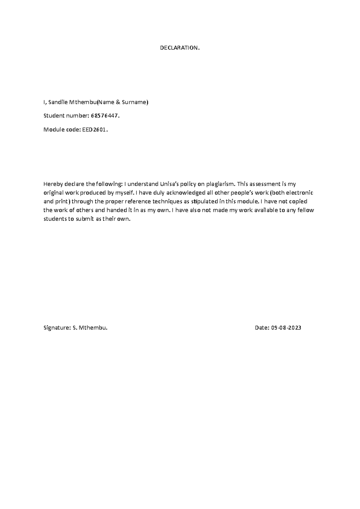 EED 2601 Assignment 3 - DECLARATION. I, Sandile Mthembu(Name & Surname ...