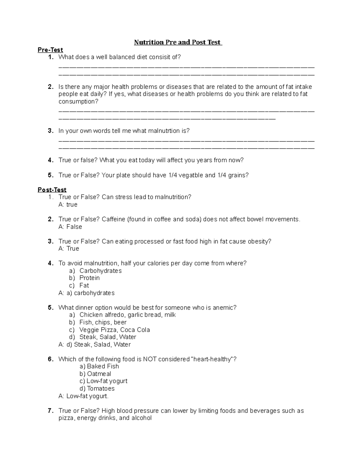 Nutrition Pre and Post-Test - Nutrition Pre and Post Test Pre-Test 1 ...