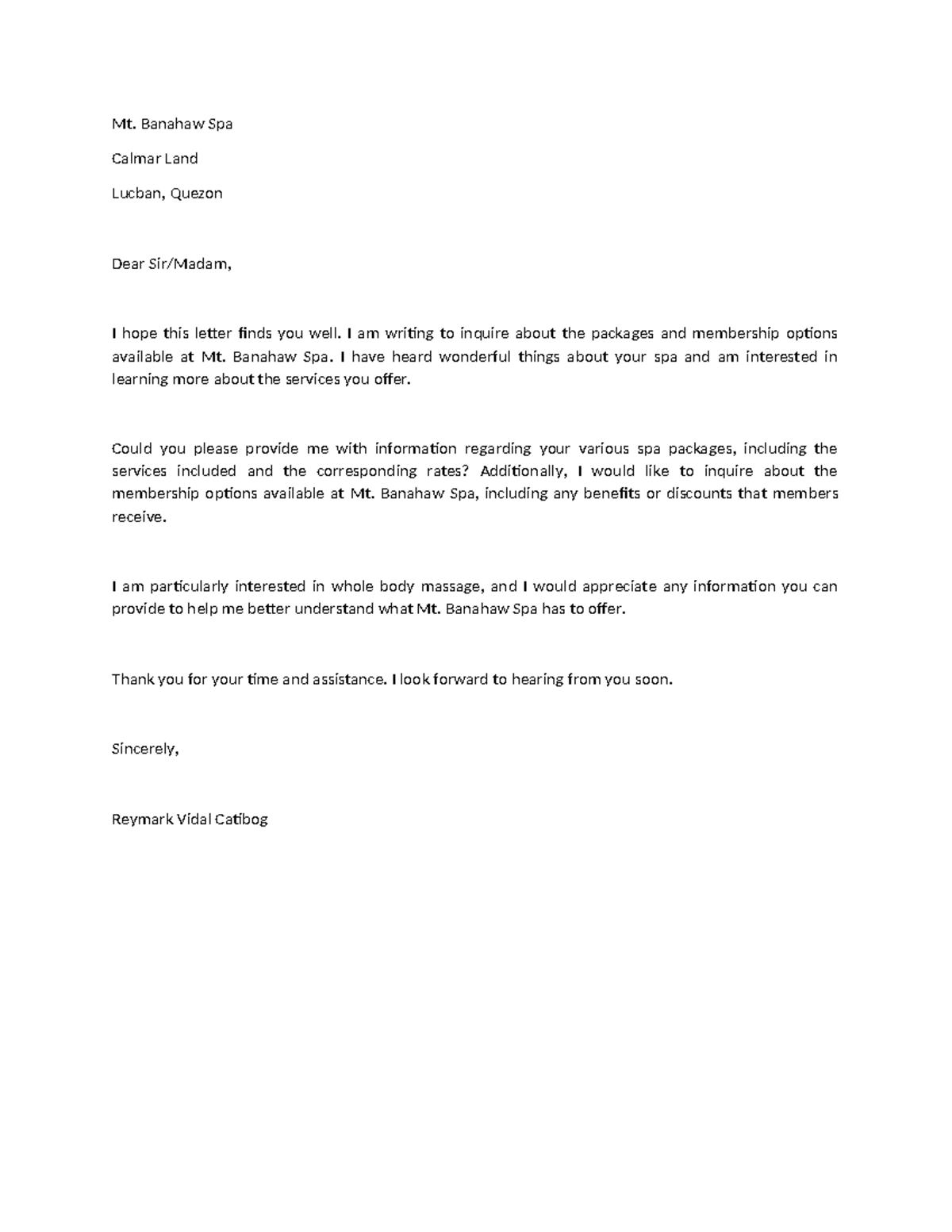 Letter OF Inquiry - ITS GOOD - Mt. Banahaw Spa Calmar Land Lucban ...
