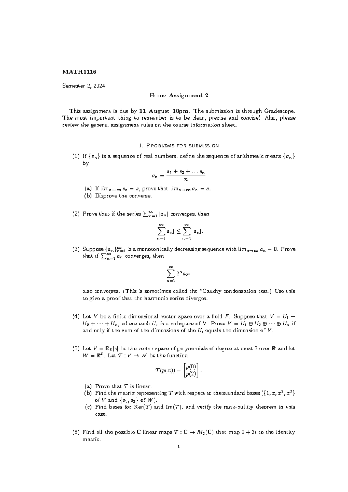 MATH1116 Homework 2 - 1116 Assignment 2 - MATH Semester 2, 2024 Home Assignment 2 This ...