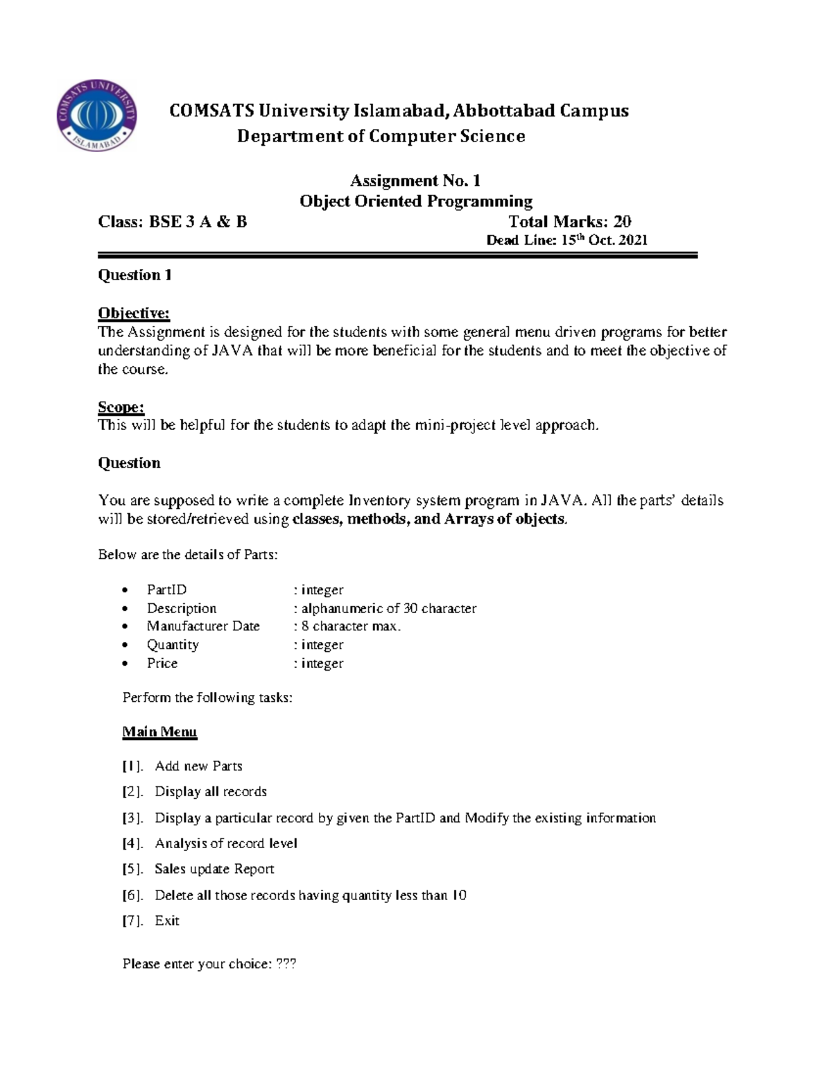 Assignment 01 - COMSATS University Islamabad, Abbottabad Campus ...