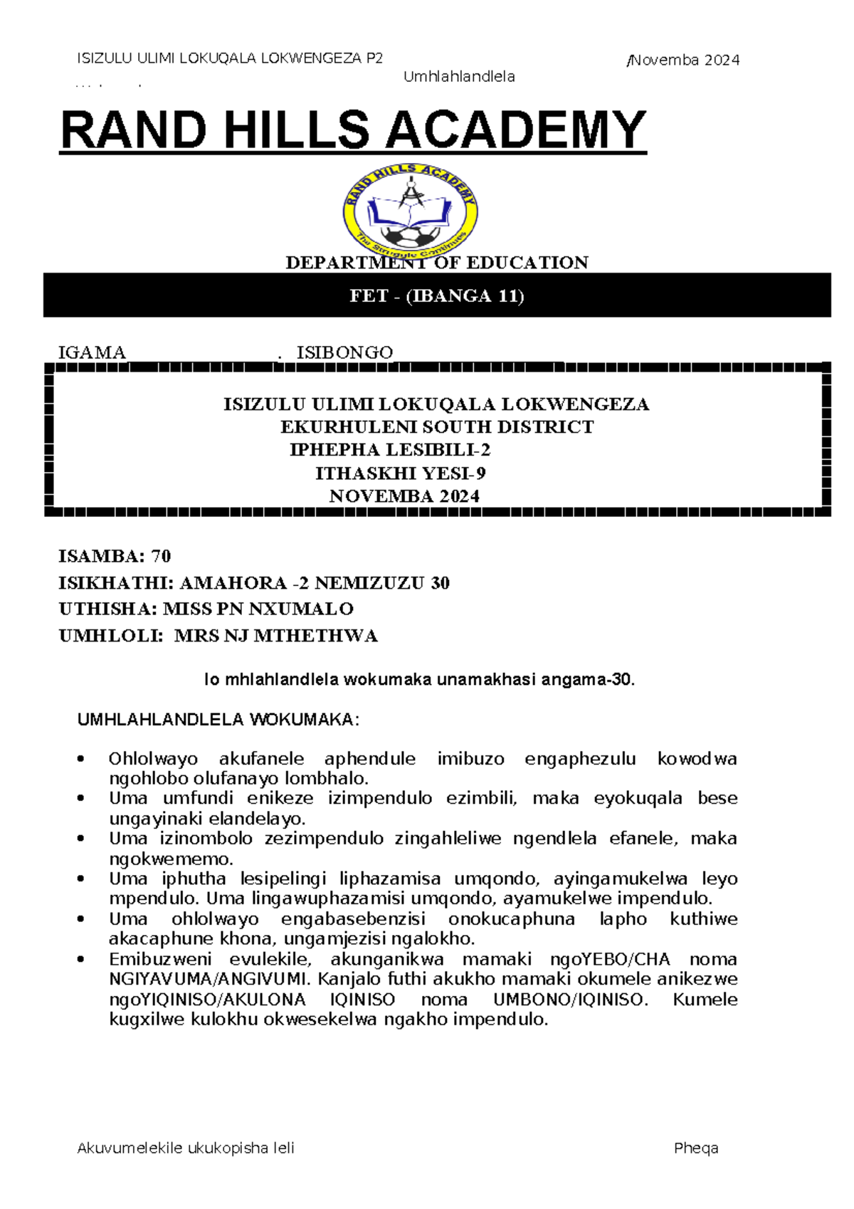 FAL Grade 11 Paper 2 2024 - ISIZULU ULIMI LOKUQALA LOKWENGEZA P ...