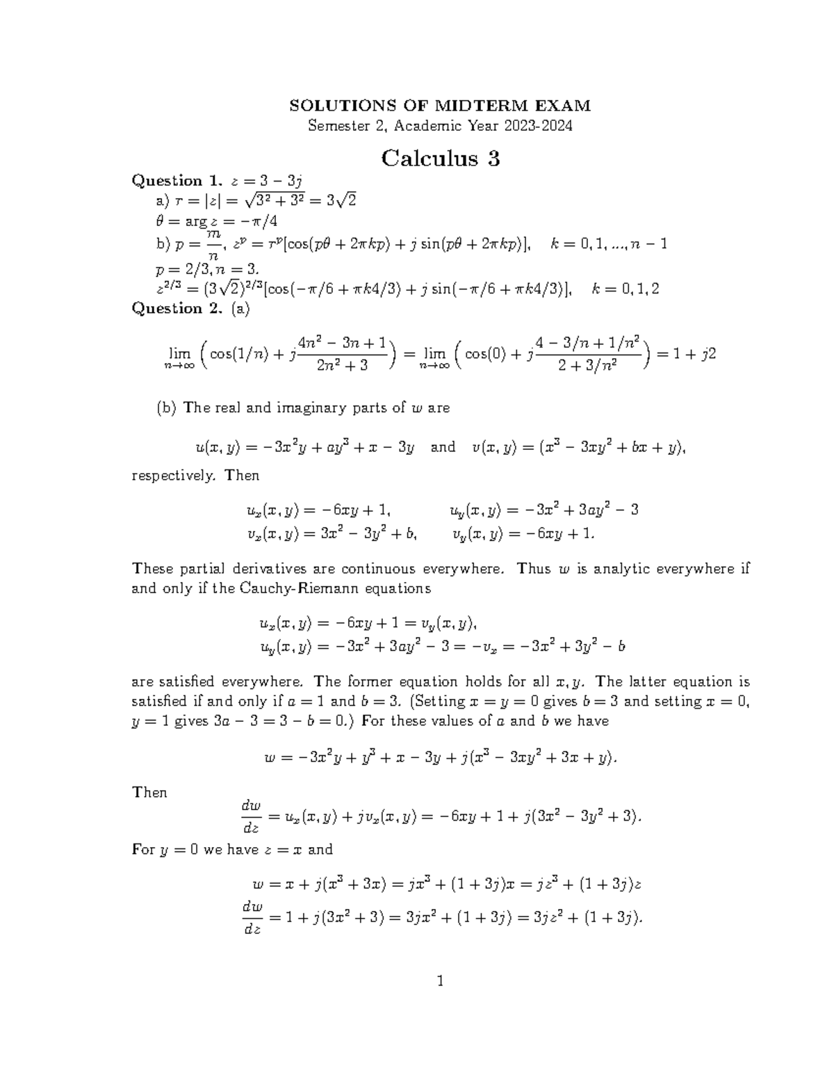 Solutions Cal3 Mid Term 2324S2 - SOLUTIONS OF MIDTERM EXAM Semester 2, Academic Year 2023 ...